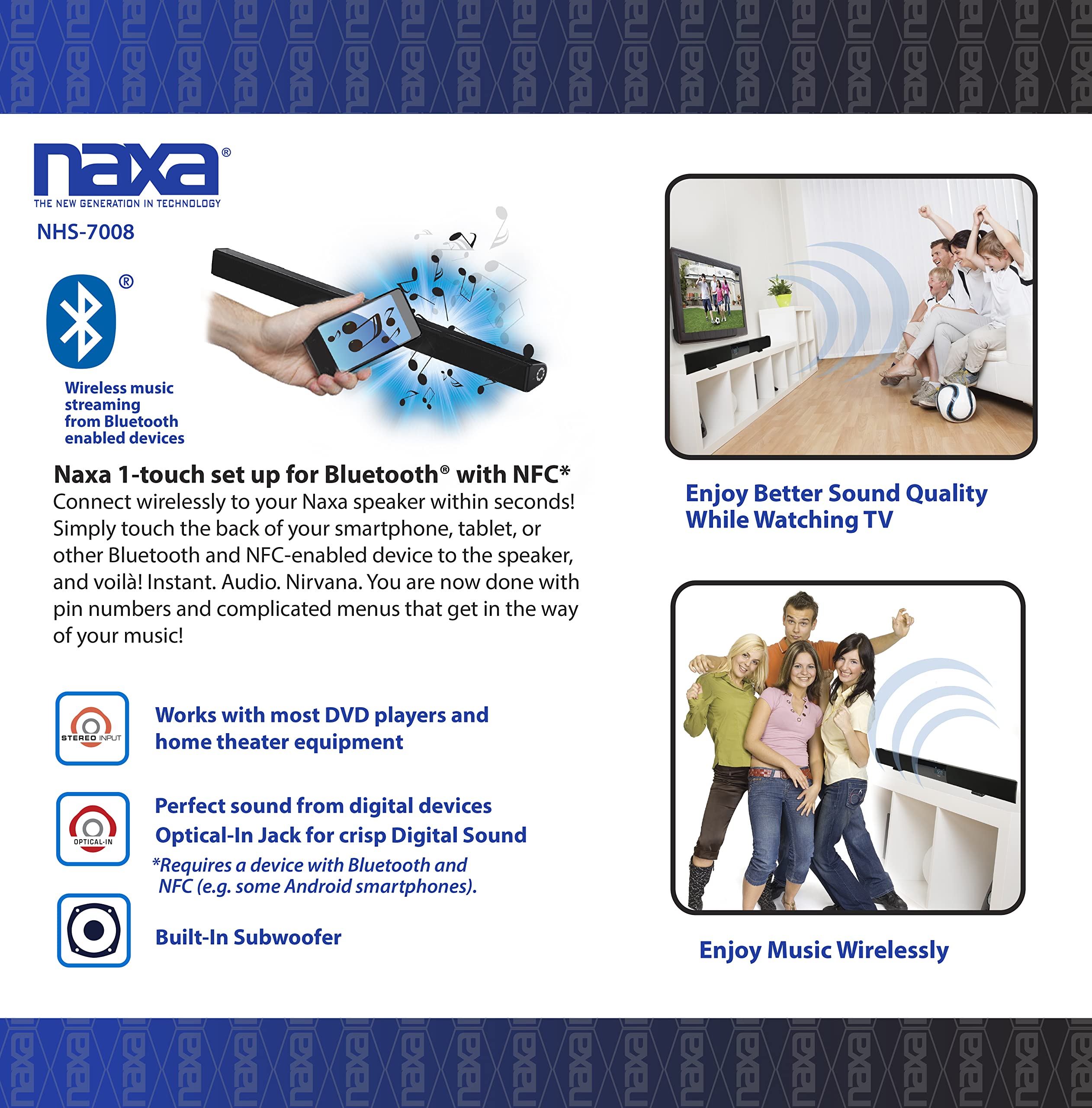 Naxa Electronics NHS-7008 42-Inch Wireless Sound Bar with Bluetooth and Built-in Subwoofer