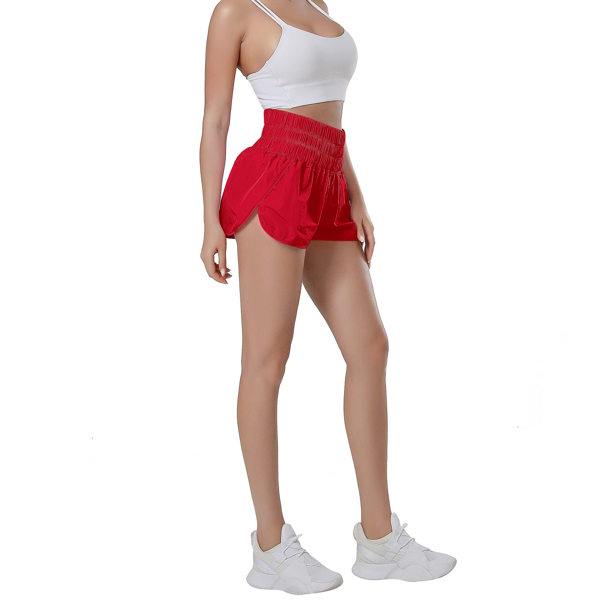Aurefin High Waisted Athletic Shorts for Women,Womens Running Shorts with Mesh Liner Quick Dry Casual Workout Active Shorts RED/L