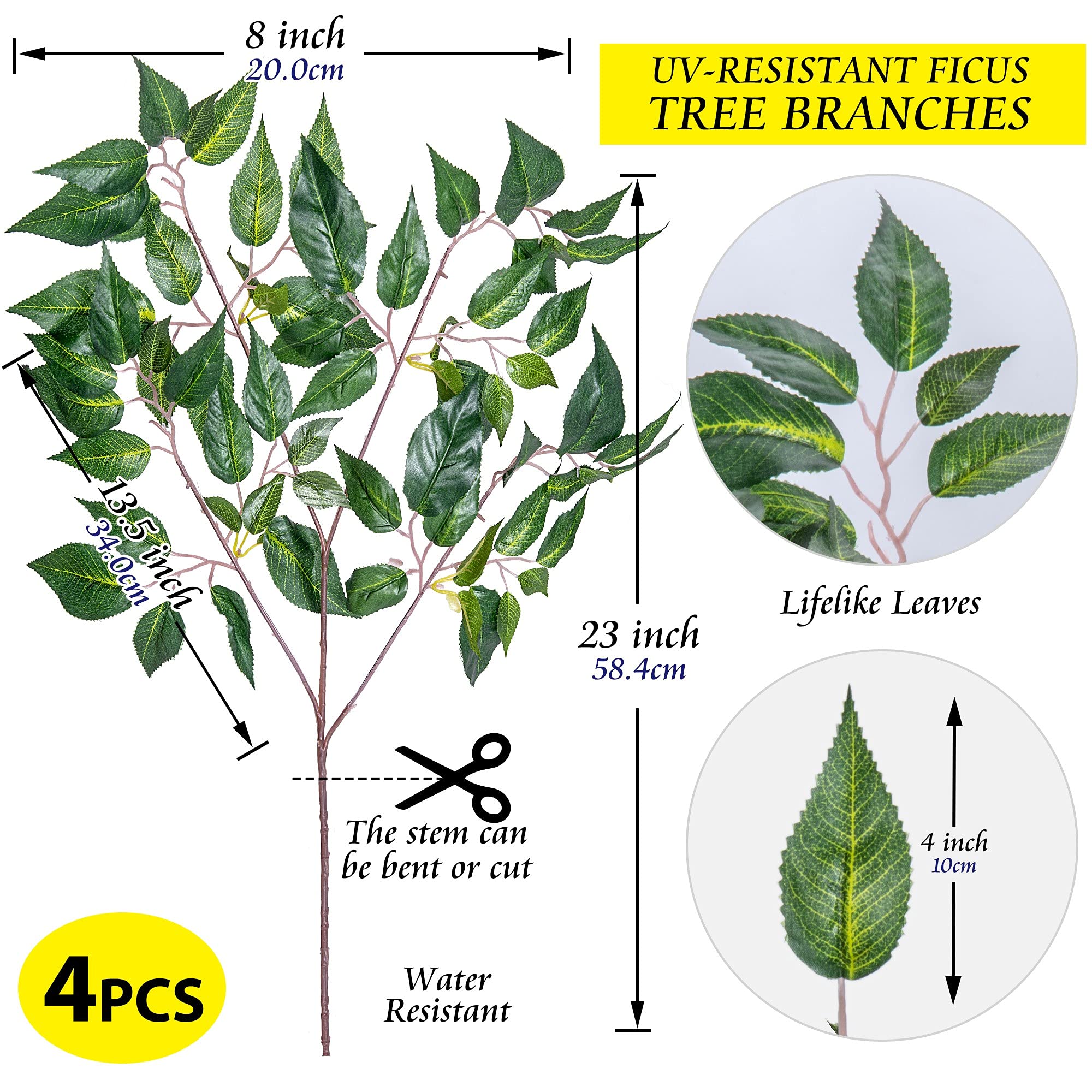 Grand Verde Ficus Tree Branches Artificial Greenery Bulk Faux Plants Green Silk Leaves 23” Long Stems DIY Home Decor Indoor Outdoor, 4pcs
