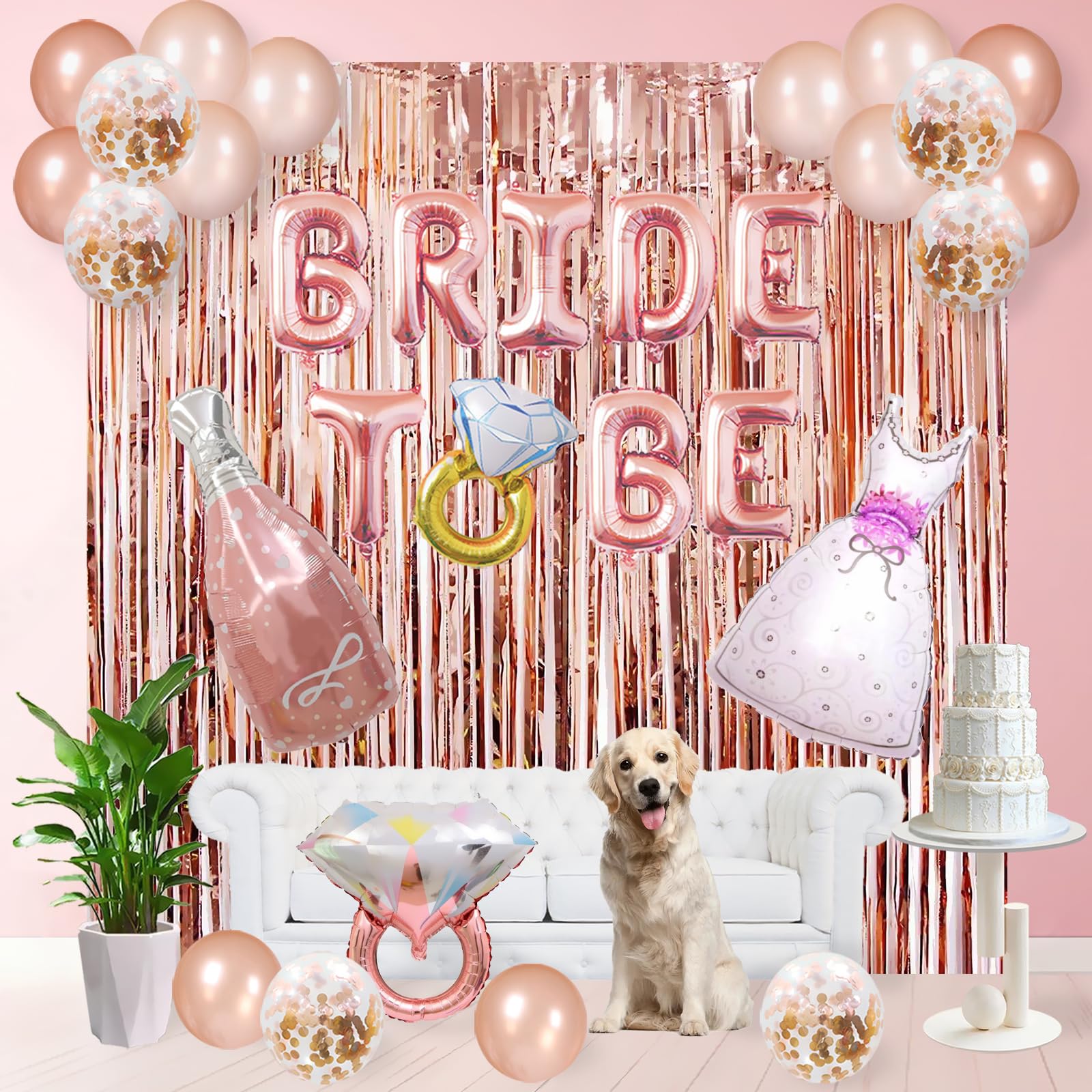 Bachelorette Party Decorations,Pink Rose Gold Decor, Bridal Shower Party Supplies with Bride To Be Words,Rose Gold Diamond Ring,Wedding Dress,Giant Bottle Balloons and Foil Fringe Curtain