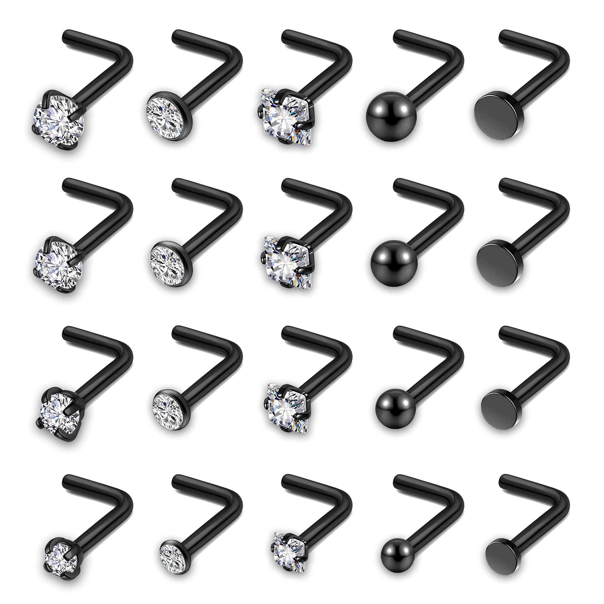 AllerPierce 20G 20Pcs Nose Studs Rings Stainless Steel CZ Black L Shape Stud Nose Piercing Jewelry for Women Men Hypoallergenic Nose Pin 1.5mm 2mm 2.5mm 3mm