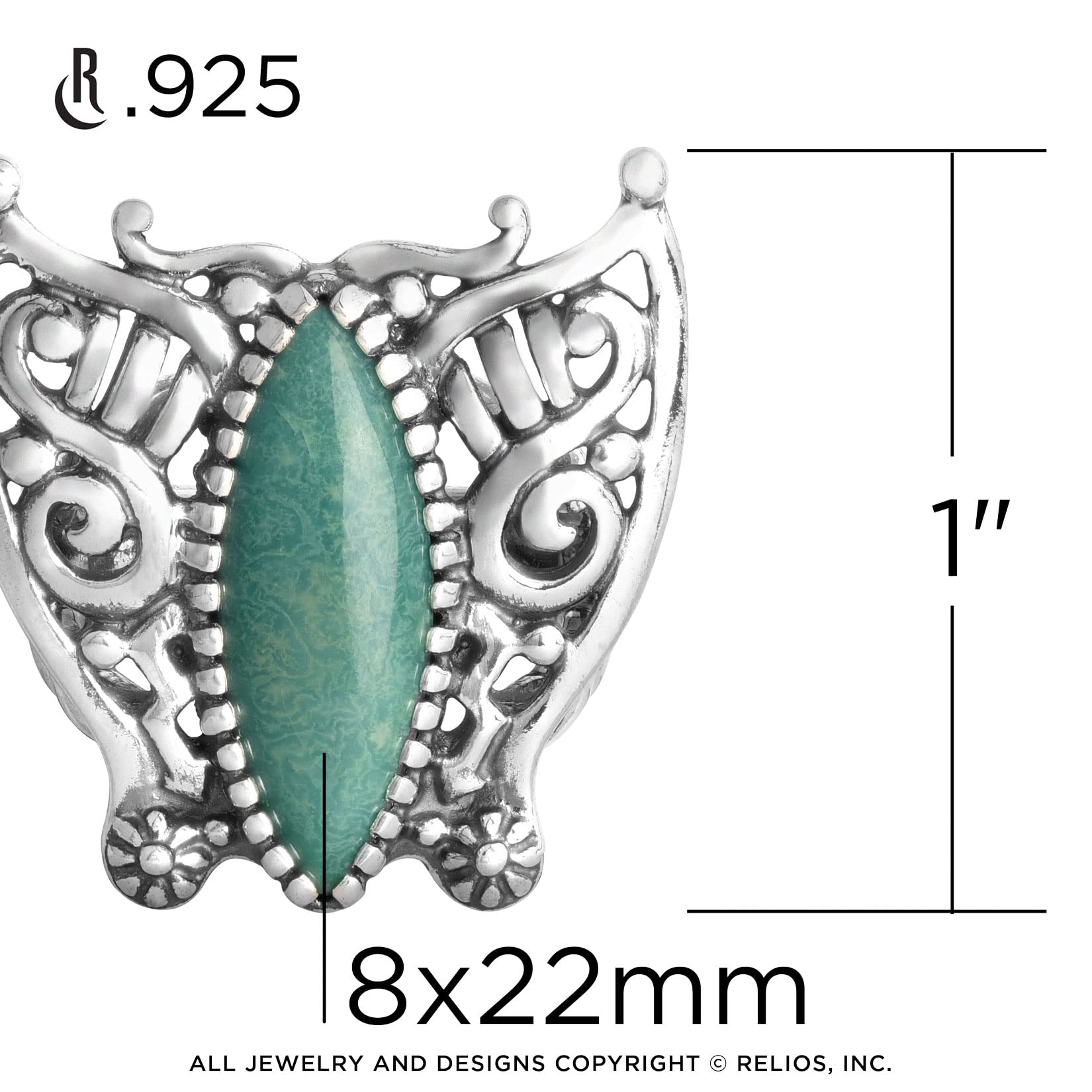 American West Sterling Silver Women's Ring Green Turquoise Gemstone Butterfly Design Size 8