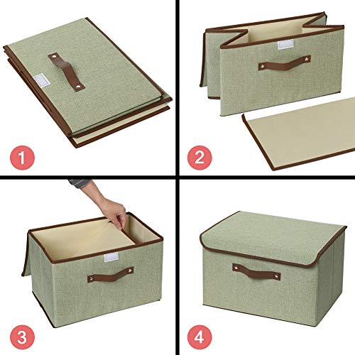 UUJOLY Large Storage Bins Linen Fabric Foldable Basket Cubes Organizer Storage Box Drawer with Lid and Handles for Home, Office, Closet, Bedroom, Nursery((Green-2pcs))