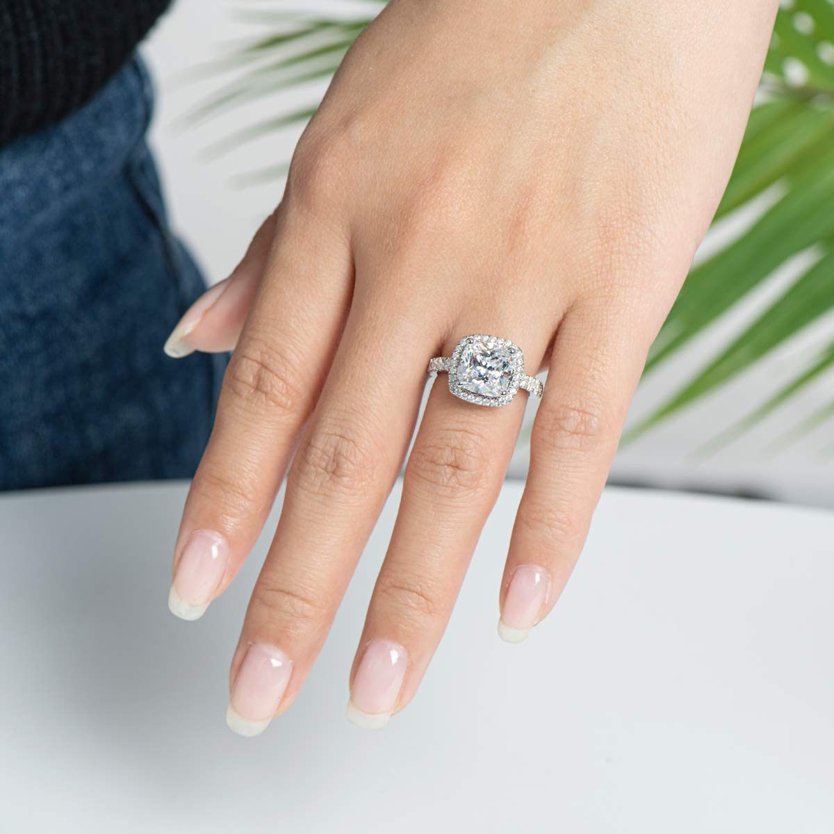 AINUOSHI Erllo Cushion 3ct Cubic Zirconia CZ Promise Halo Solitaire Wedding Engagement Ring 925 Sterling Silver (5)