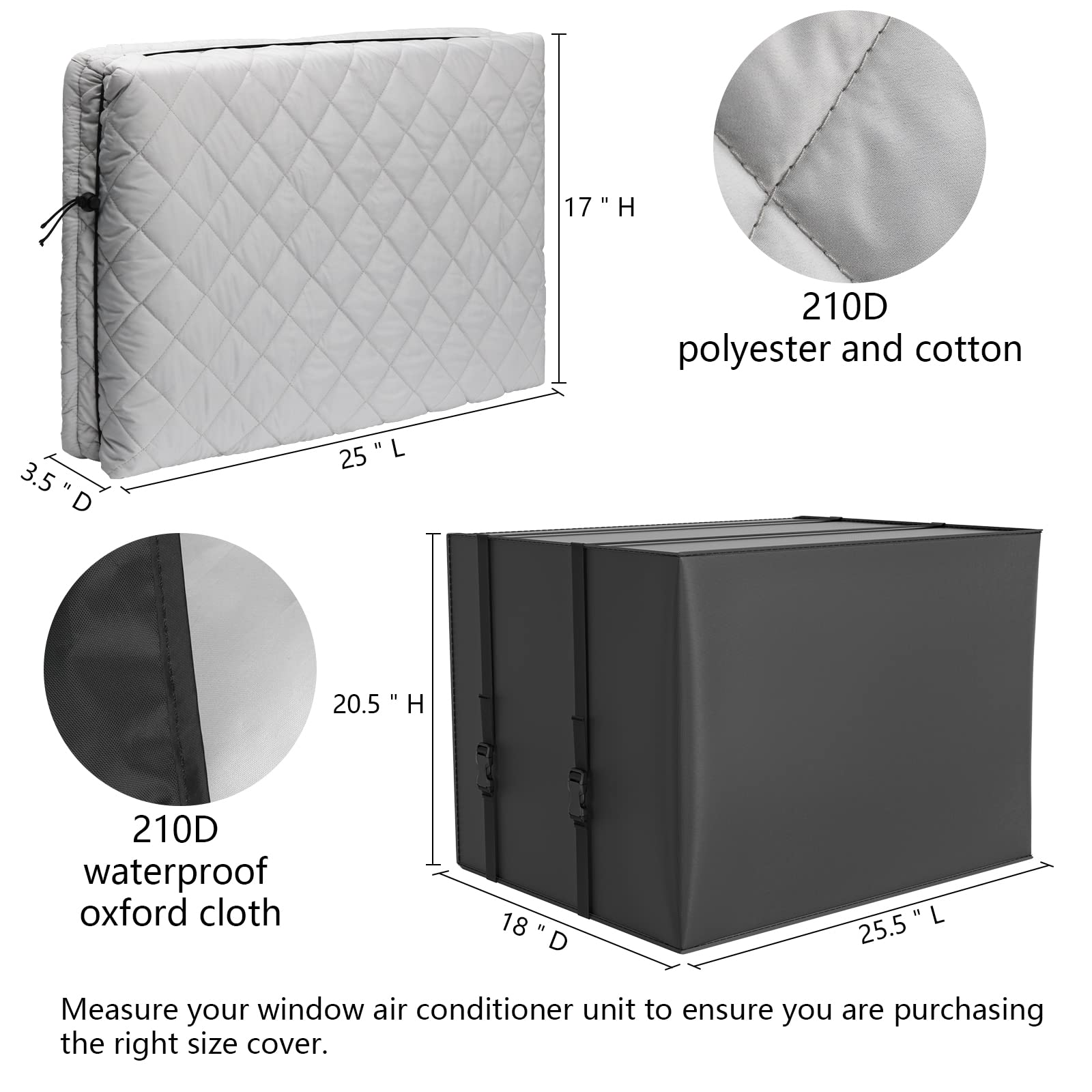 BEWAVE 2 Pack Indoor Outdoor Window Air Conditioner Cover Adjustable Window AC Unit Cover with Drawstring Double Insulation 25"x17"x3.5" for Inside Dust-Proof Waterproof 25.5”x20.5”x18” for Outside