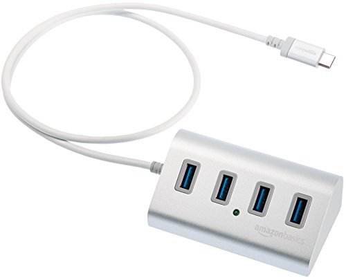 Amazon Basics USB 3.1 Type-C to 4-Port Aluminum Hub Connector, Silver