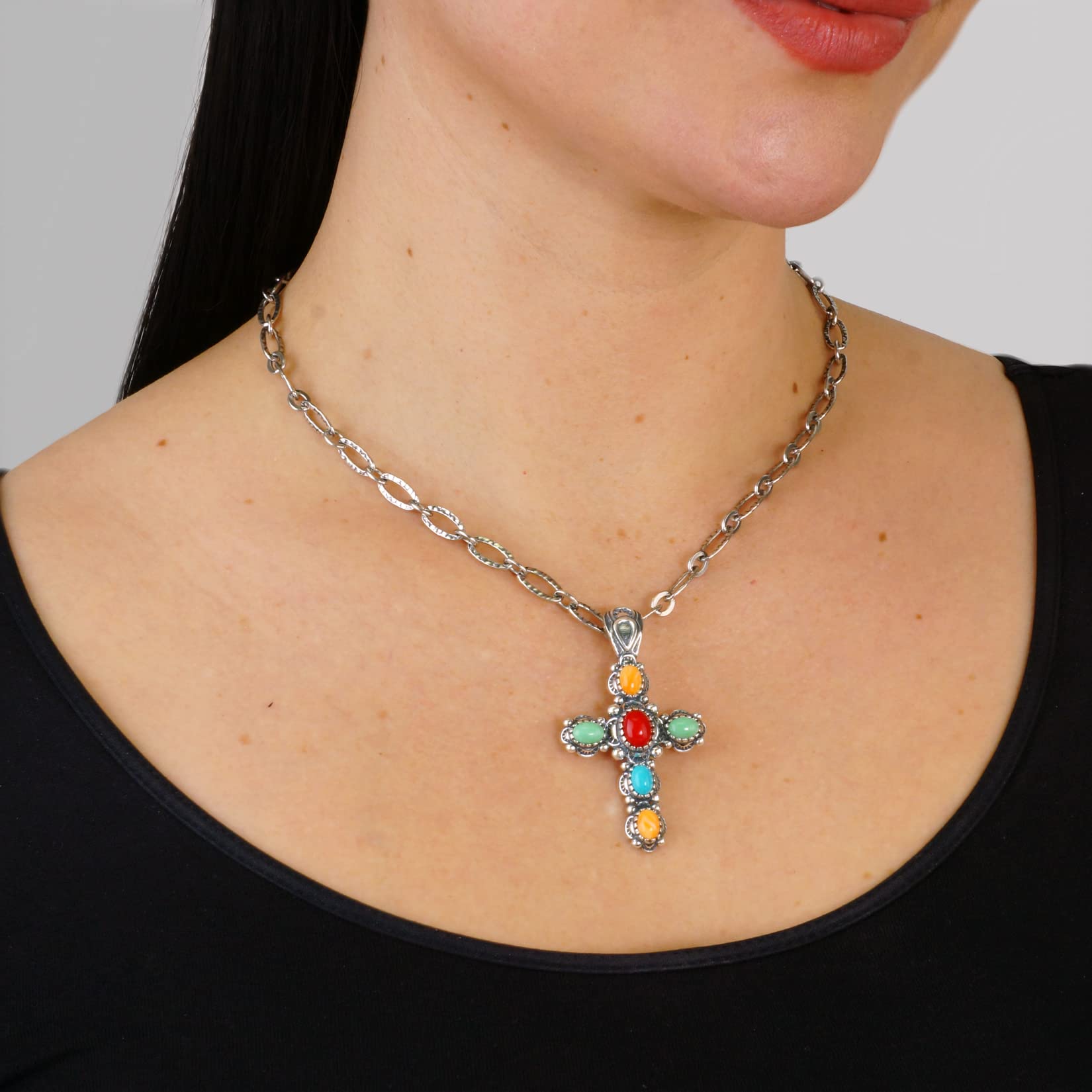 American West Sterling Silver Women's Pendant Enhancer Multi Gemstone Cross