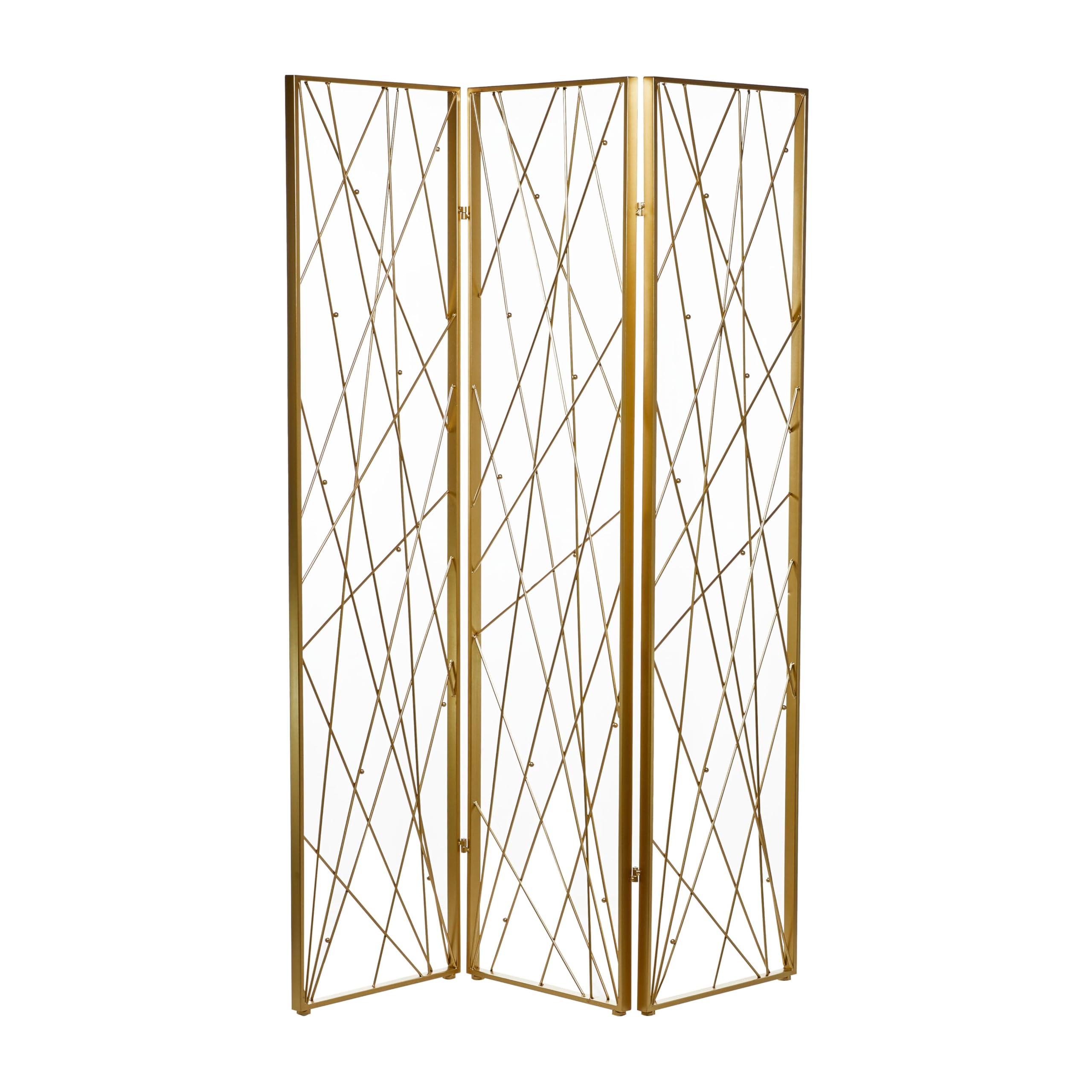 Deco 79 Metal Abstract Partition Room Divider Screen Foldable Partition Wire Rod 3 Panel Privacy Screen with Small Ball Accents, Room Partition 59" x 2" x 79", Gold