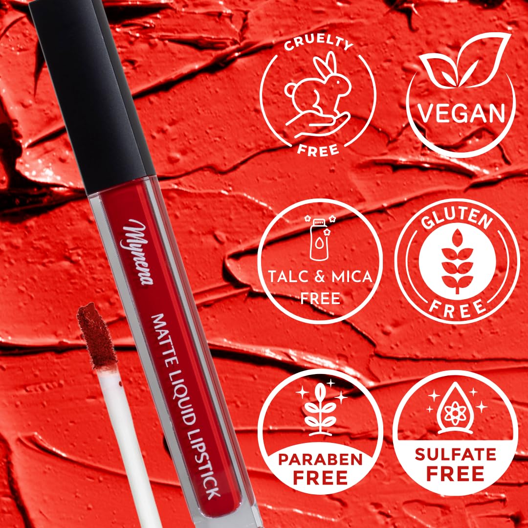 Mynena Orange Red Long-Lasting Matte Liquid Lipstick Intense Color Smudge-Proof & Waterproof Comfortable Hydrating Shea Butter Vegan & Cruelty-Free | Glory