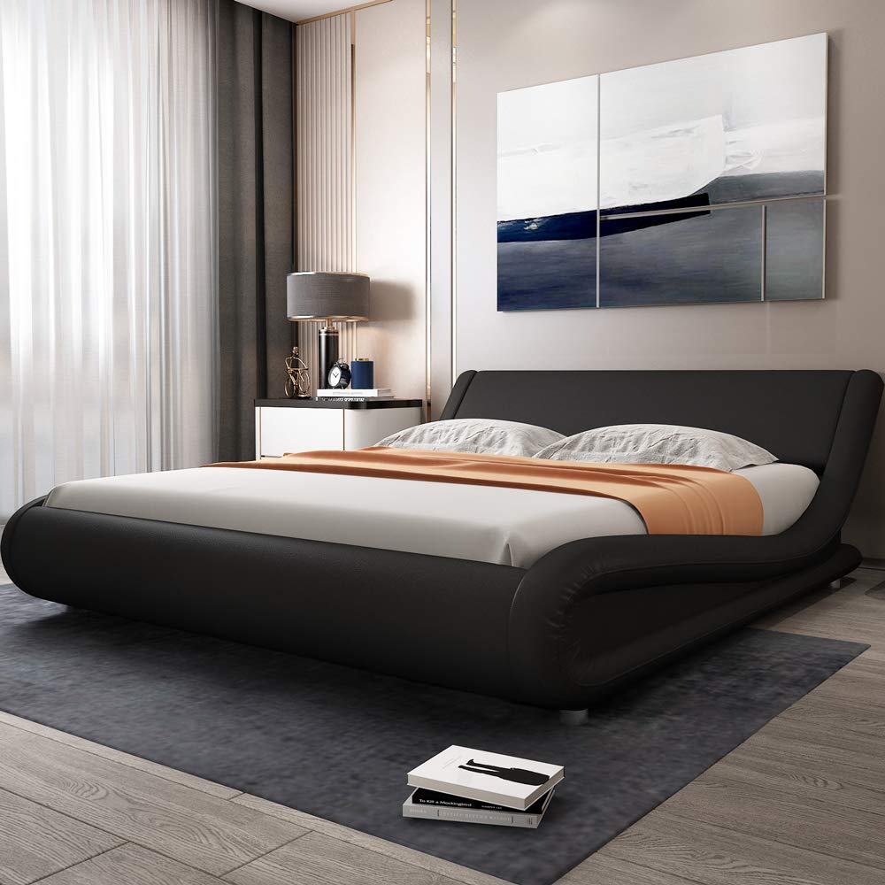 Allewie Queen Size Bed Frame with Curved Adjustable Headboard, Faux Leather Upholstered Platform Bed, Strong Wooden Slats Support, 10-12'' Mattress Recommended, Black