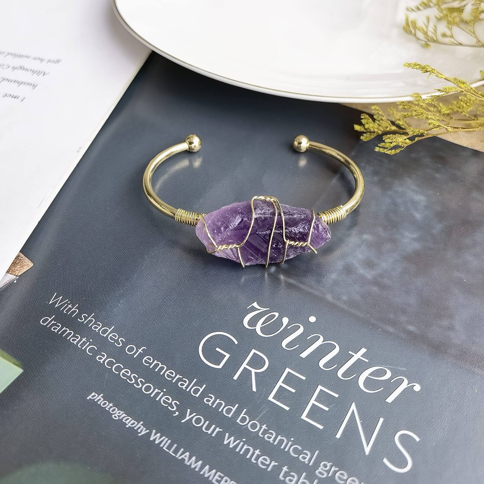 Amethyst Bangle Bracelet, Gold Plated Wire Wrap Natural Purple Crystal February Birthstone Bracelet Cuff for Women, Handmade Adjustable Irregular Raw Gemstone Large Wrists, 0.8ββ~1.4ββ
