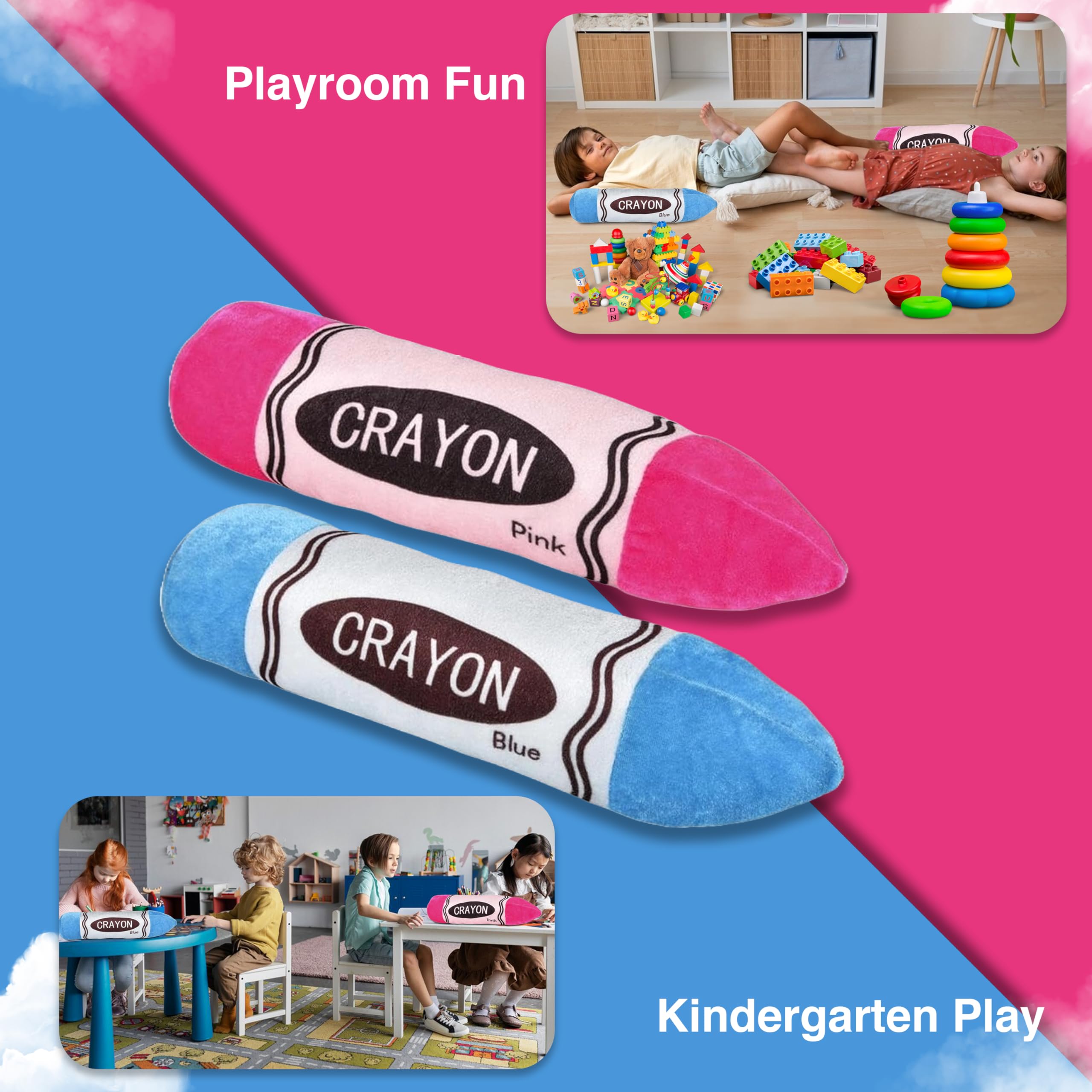 Forest & Twelfth 14” Stuffed Crayons 2Pcs Crayon Plush Toy Set - Soft and Huggable Blue and Pink Crayon Prop Toys for Imaginative Play and Learning, Comfy Pencil Pillow Plush