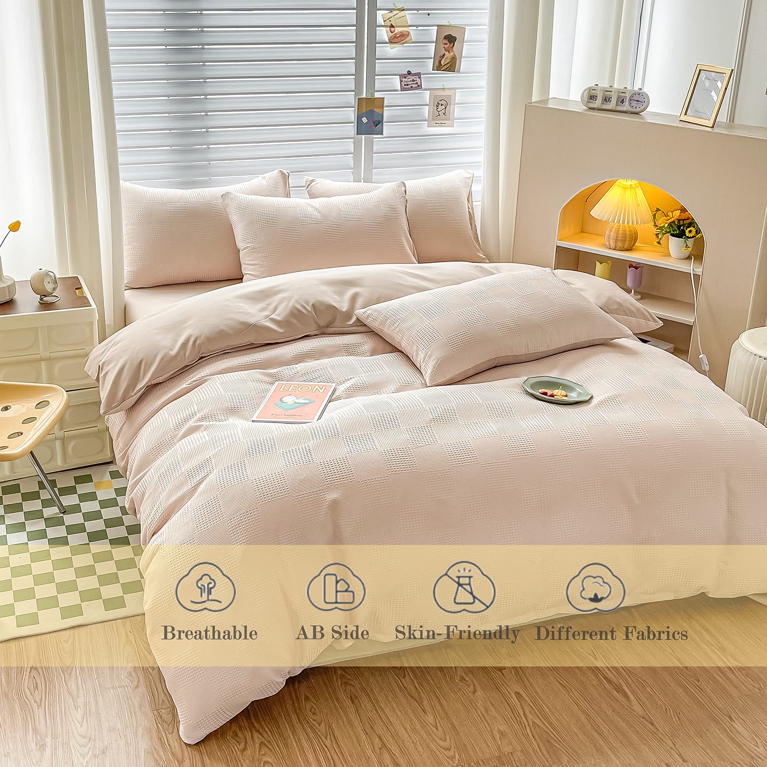 Beyeutao Brown Waffle Duvet Cover Ultra Soft Washable Queen Duvet Cover Comforter Textured 3 Piece Bedding Set with Duvet Cover Pillowcases Zipper Closure.