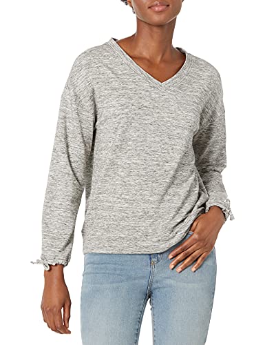 Amazon Brand - Daily Ritual Women's Terry Cotton and Modal Tie Sleeve V-Neck Sweatshirt, Heather Grey Spacedye, Small