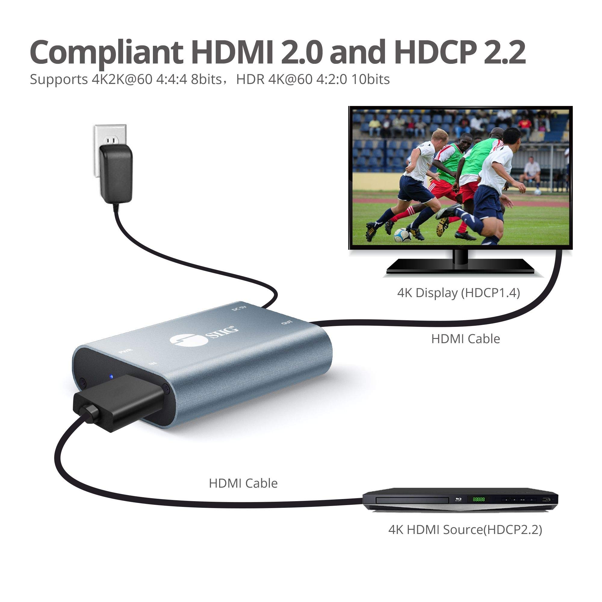 SIIG HDMI 2.0a HDCP 2.2 to 1.4 Converter 4K @60Hz YUV 4:4:4, HDR, CEC Pass-Through, Signal Cleaner/Repeater, USB Powered Up to 20M Extension TAA Compliant (CE-H24L11-S1)