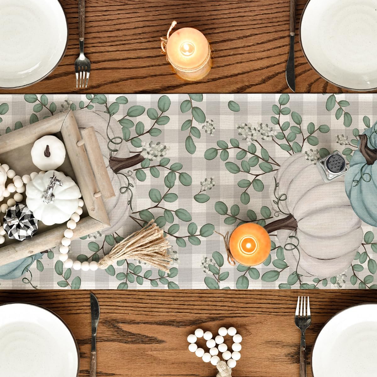 Artoid Mode Buffalo Plaid Pumpkins Leaves Eucalyptus Fall Table Runner, Autumn Thanksgiving Kitchen Dining Table Decoration for Home Party Decor 13x72 Inch