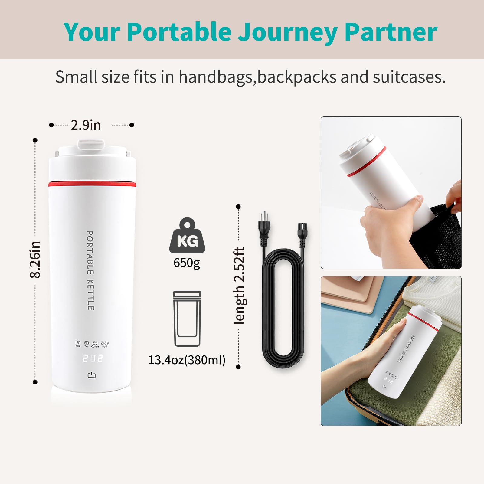 SizzleCook Electric Travel Kettle, Portable Tea Coffee Kettle Hot Water Boiler, 380ml Small Water Boiler with Temperature Control, Auto Shut-Off(with Large Carrying Bag)