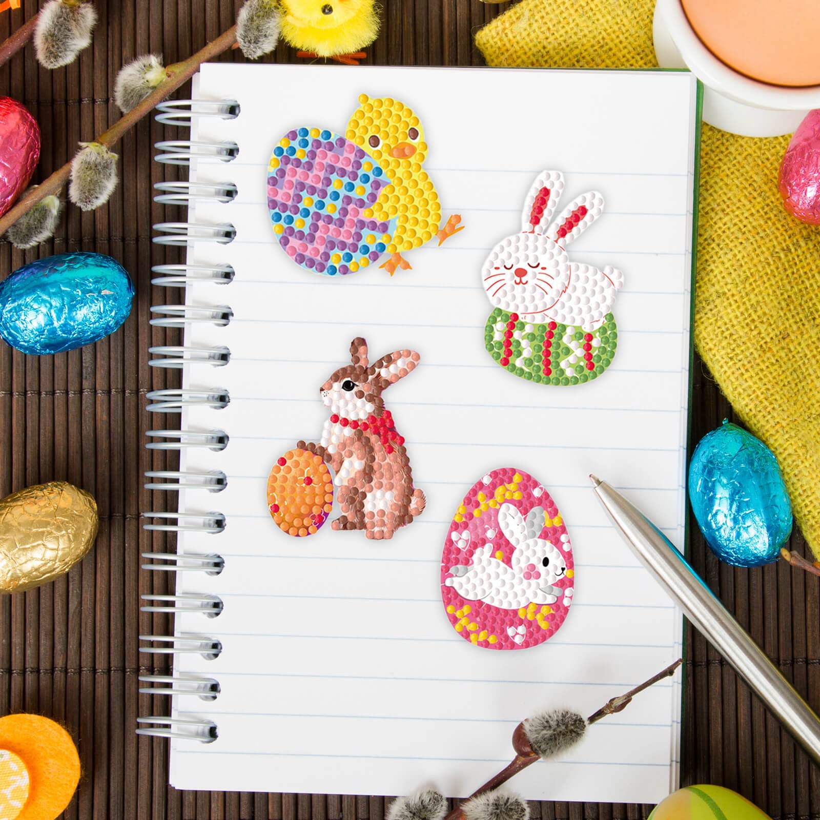 DERFILIN 16PCS Diamond Painting Stickers Set for Kids, 5D Easter Eggs Bunny Mosaic Stickers, DIY Creative Crafts for Boys and Girls Gem Art Set