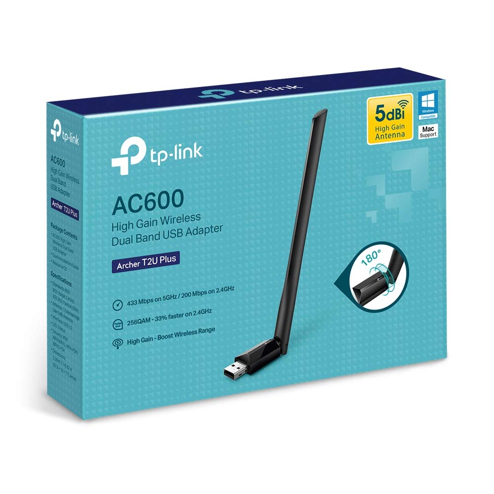 TP-Link Archer T2U Plus AC600 High Gain Dualband USB WLAN Adapter with 5dBi Antenna (up to 433 Mbit/s to 5GHz and 200 Mbit/s to 2.4GHz, Compatible with Windows 10/8.1/8/7 / XP and Mac OS X)