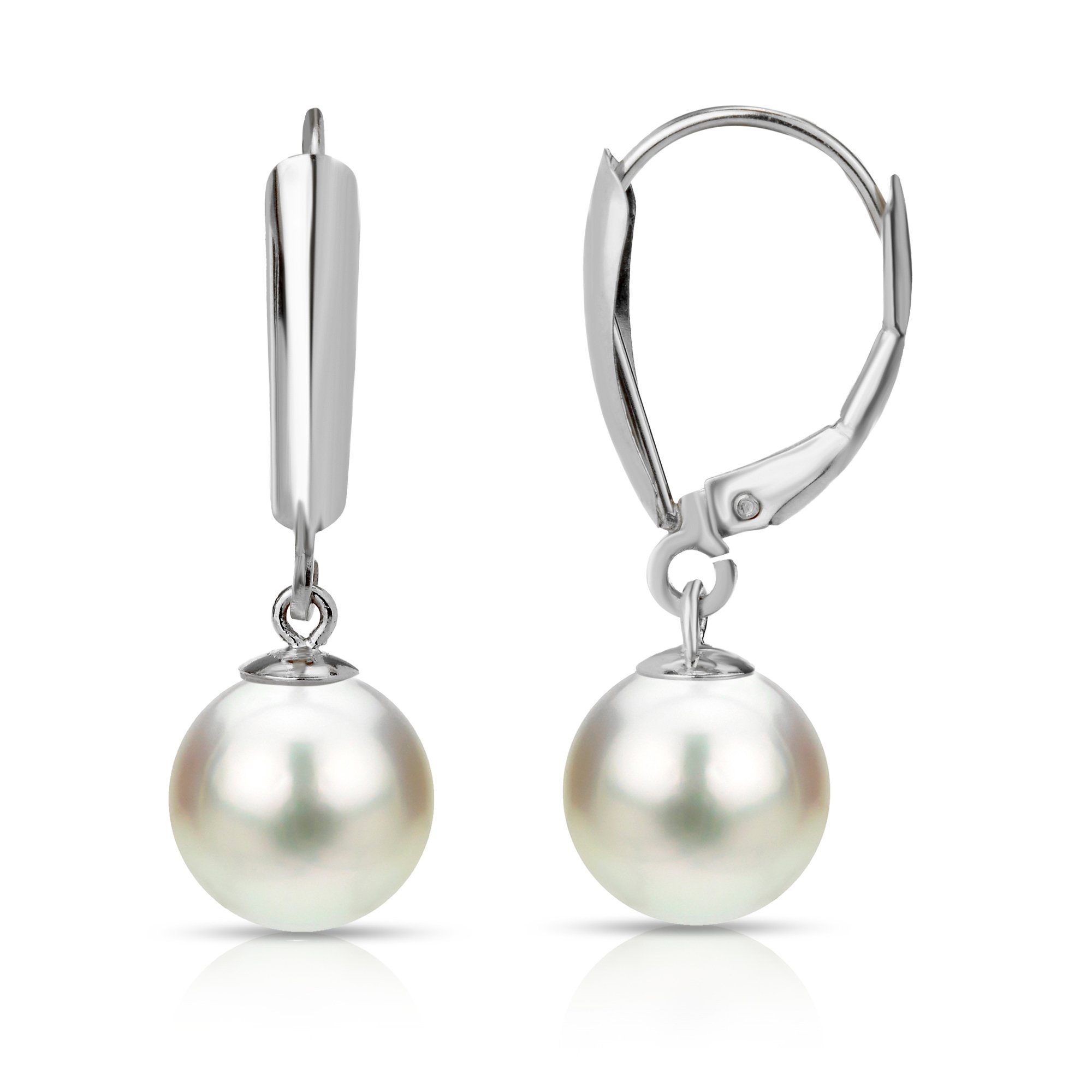 Amazon Collection 14k White Gold 7-7.5mm Round White Freshwater Cultured High Luster Pearl Lever-Back Dangle Earrings