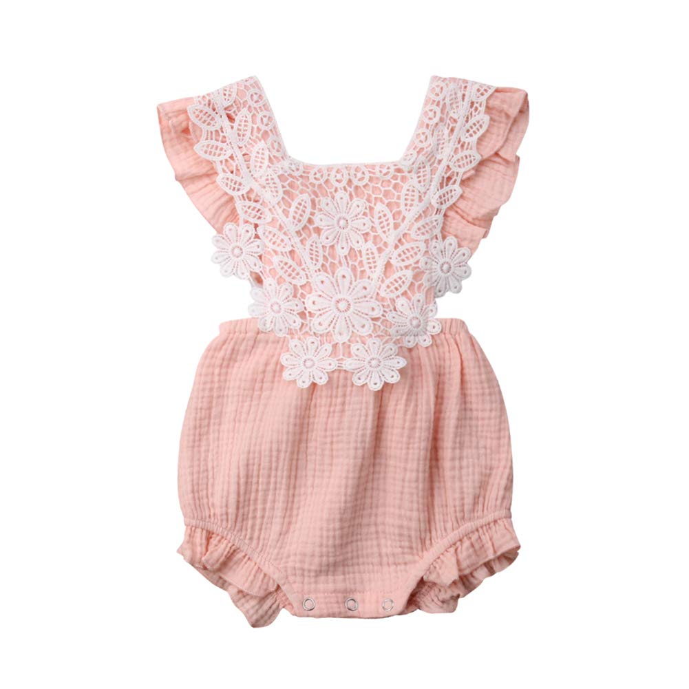 KMBANGI Cute Infant Newborn Baby Girl Lace Ruffle Romper Jumpsuit Bodysuit Summer Outfit Clothes (12-18 Months, Pink)