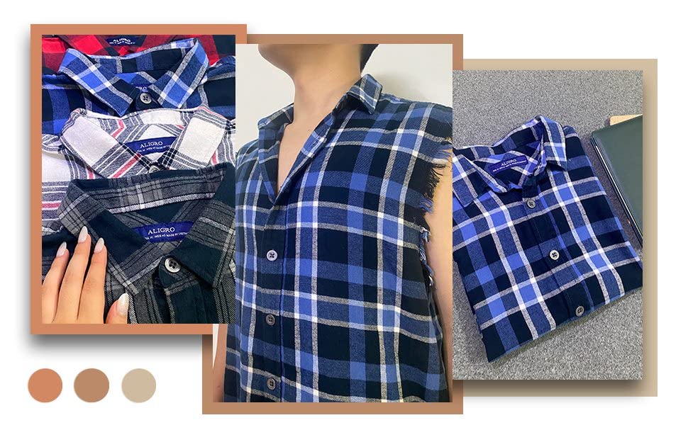 Aligro - Blue Sleeveless Flannel Plaid Shirts for Men Casual Button Down Cowboy Vest Shirts (Size S)