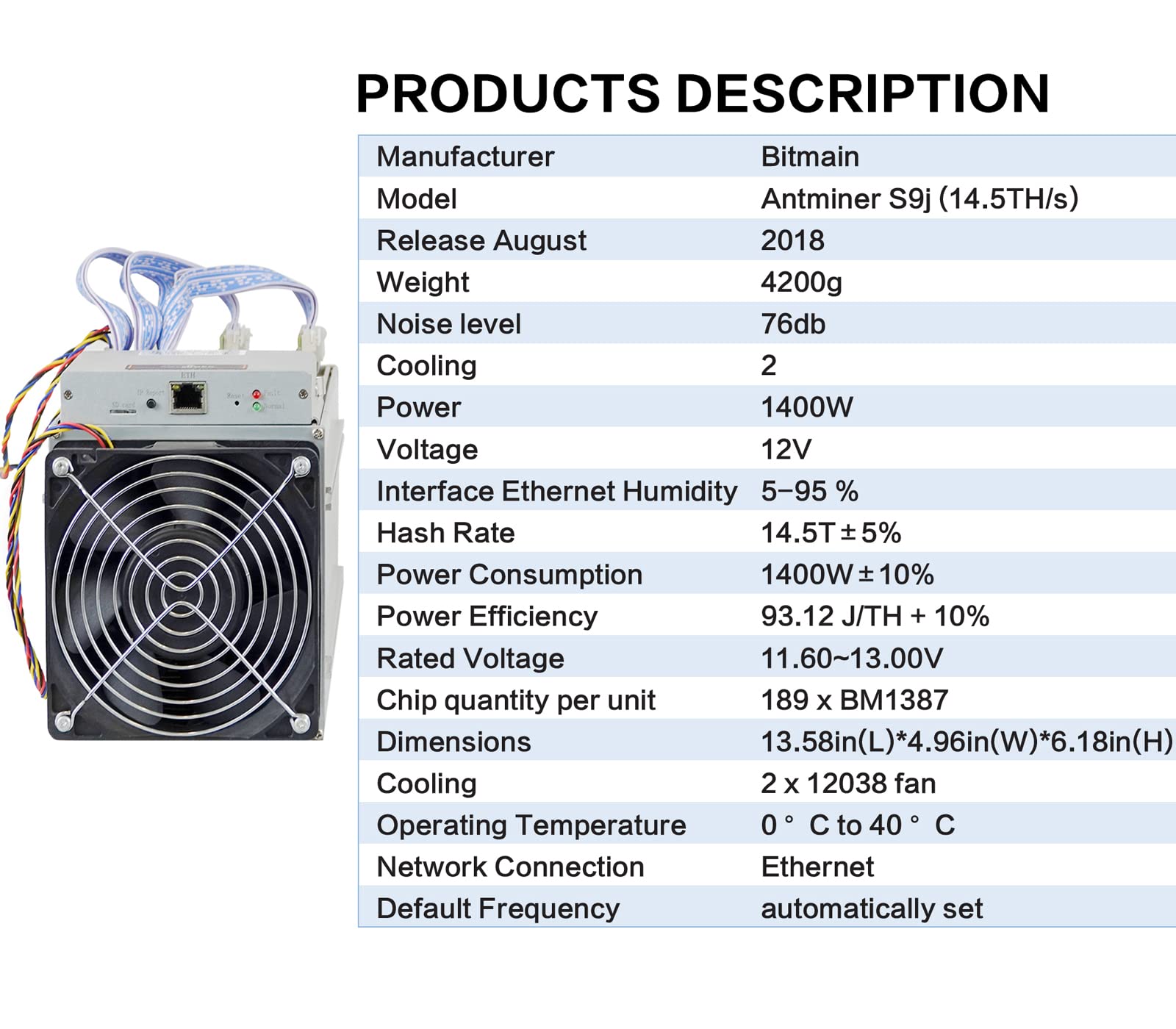 Antminer S9J 14.5TH/s Bitcoin Miner, S9J 14.5TH/s ASIC Bitcoin BTC Miner @.098 J/GH Bitcoin Mining Machine with Data Cable