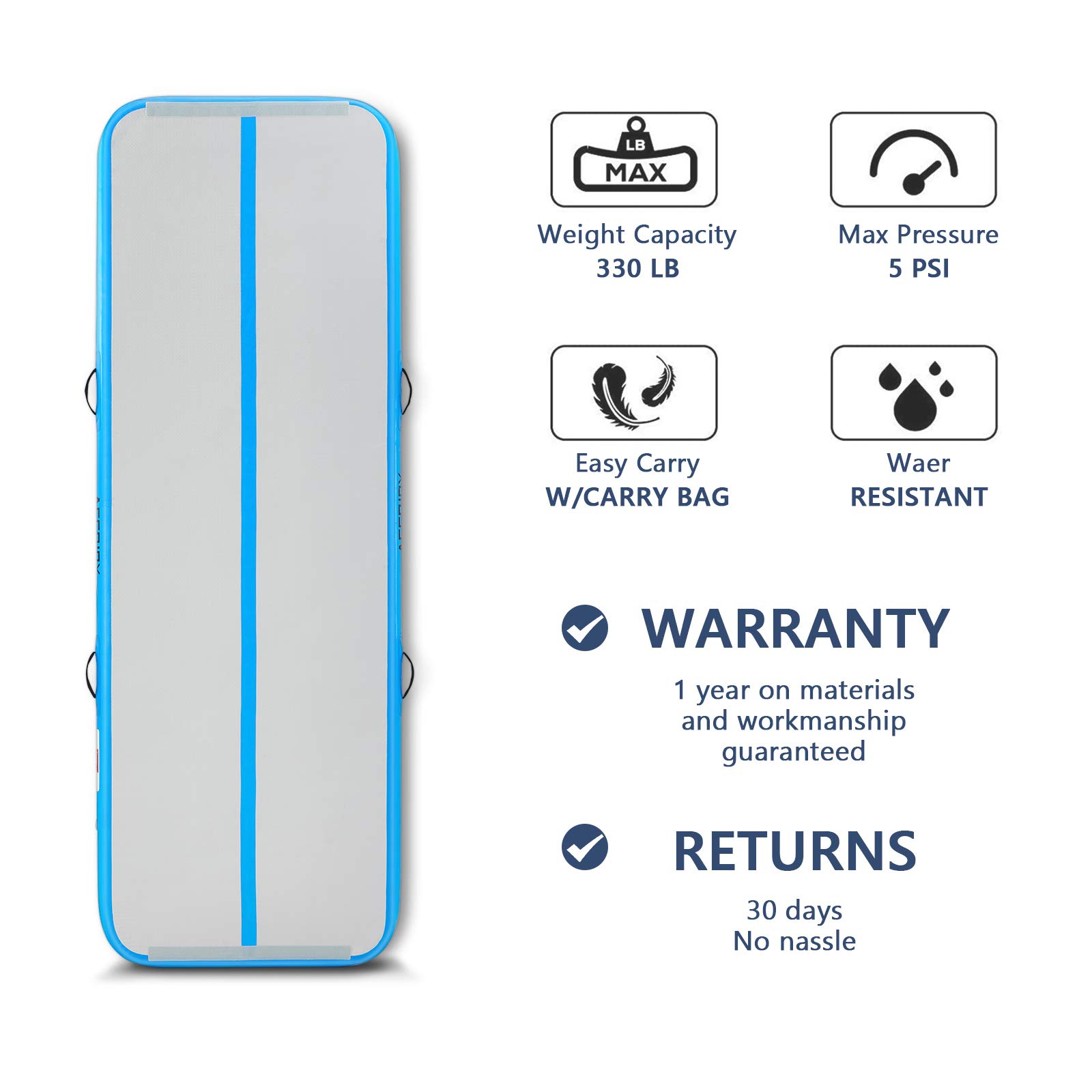 AECOJOY Air Gymnastics Mat Tumbling Mat 13ft/16ft/20ft Gymnastics Training Mat 4β Thickness Inflatable Mats for Tumbling, Home Use, Training, Gym, Water (20ft*3.3ft*4in,Blue)