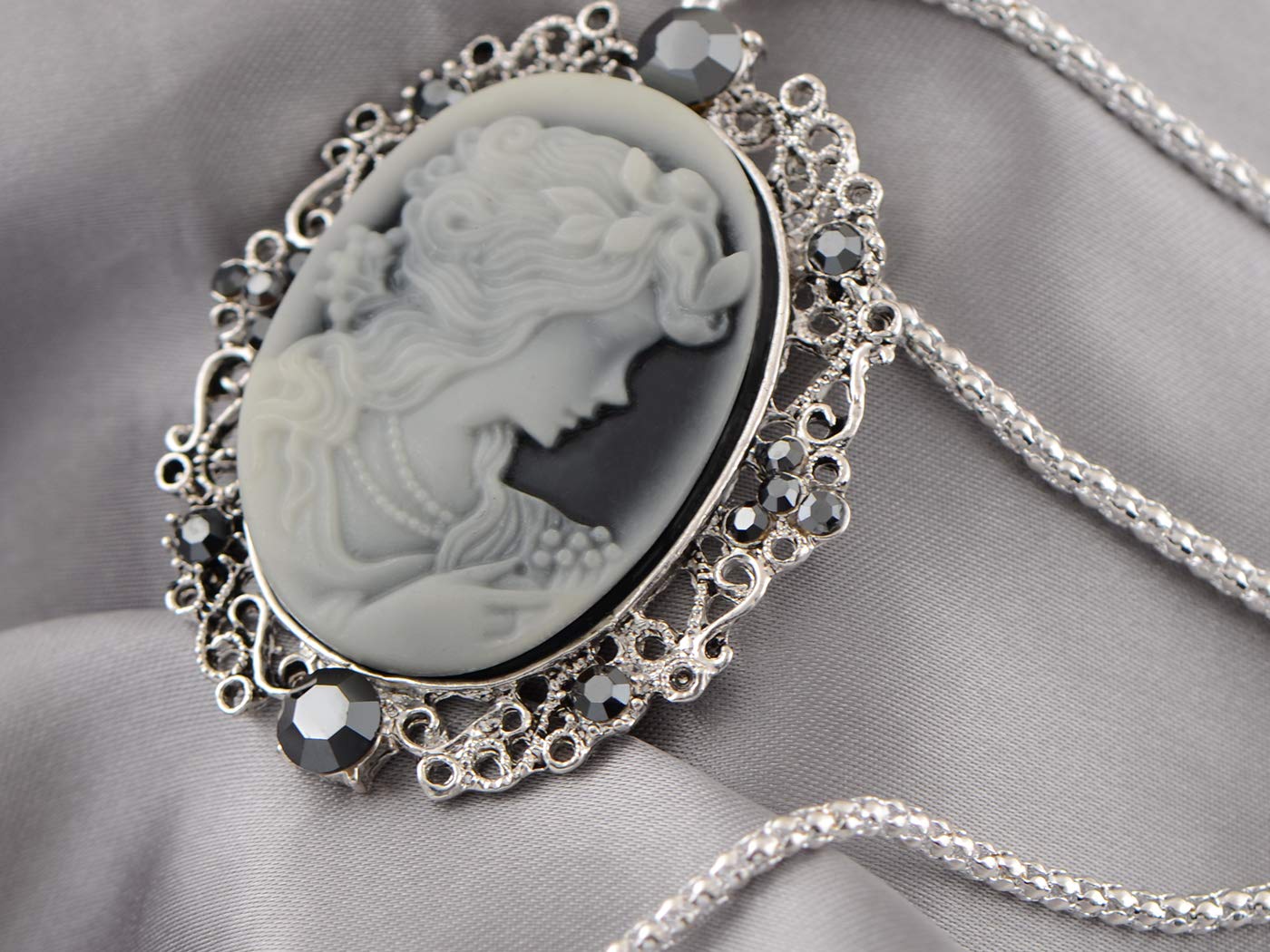 Alilang Gunmetal Tone Grey Crystal Rhinestones Cameo Lady Victorian Maiden Pendant Necklace