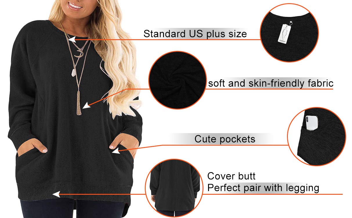 AURISSY Womens Plus Size Sweatshirts 2X Long Sleeve Tunic Tops Black-18W