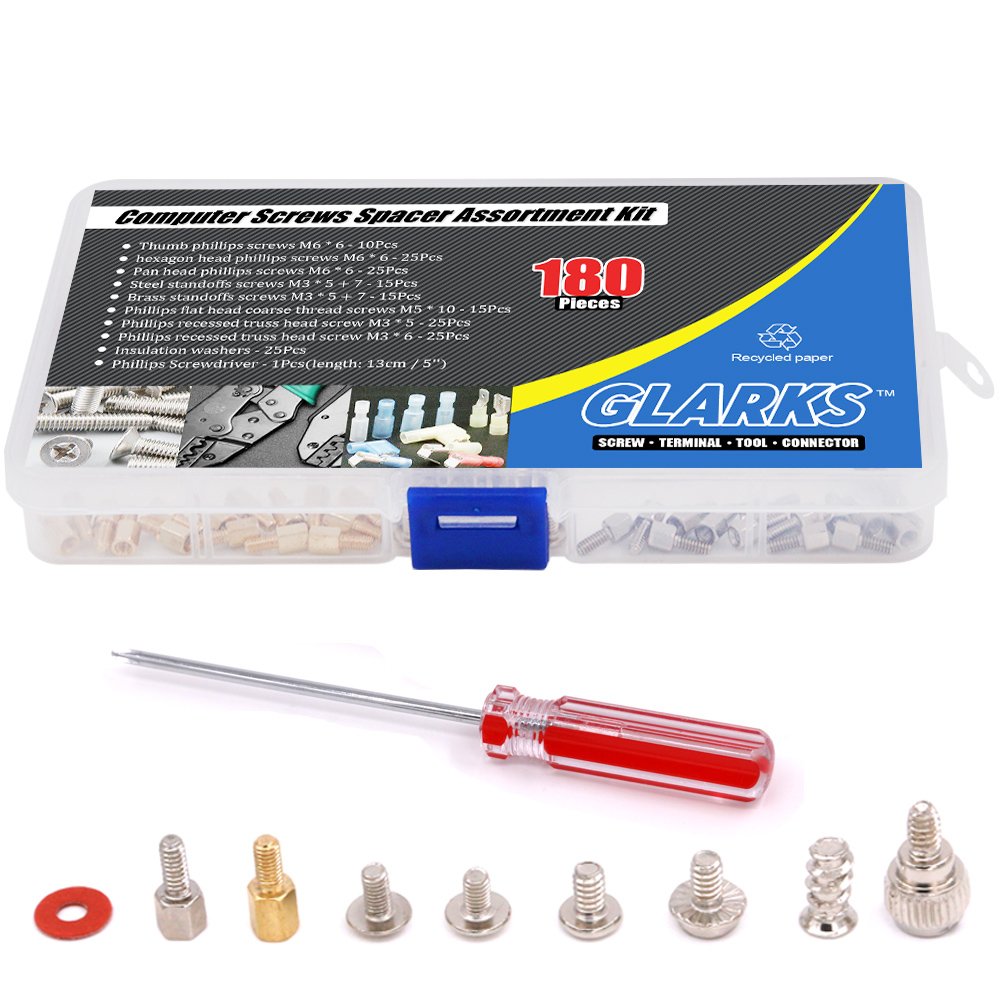 Glarks 180-Pieces Phillips Head Computer PC Spacer Screws Assortment Kit for Hard Drive Computer Case Motherboard Fan Power Graphics (Extra: Phillips Screwdriver)