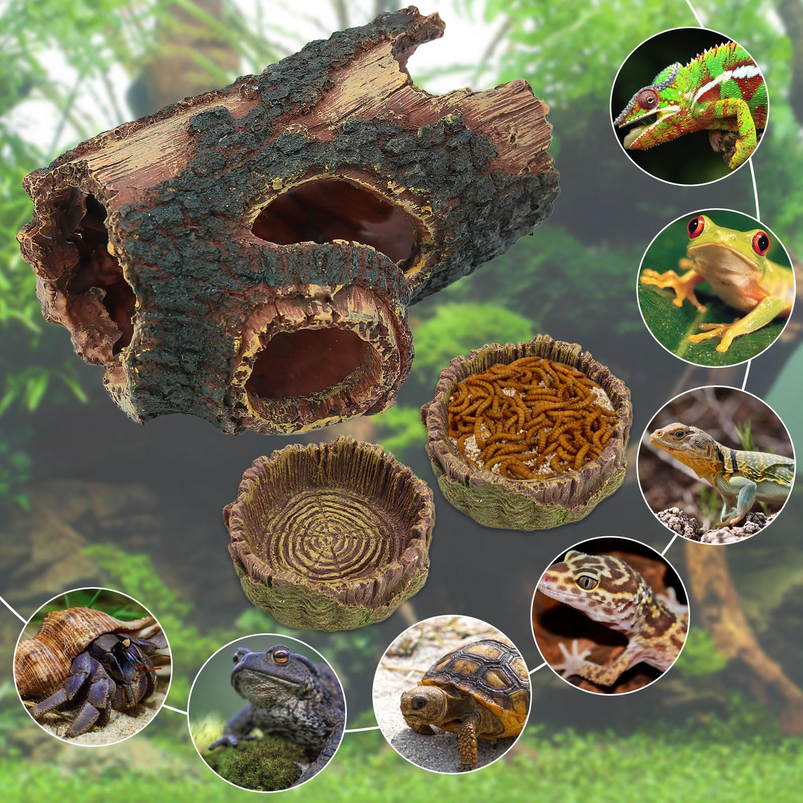 Dexspoeny 3Pcs Reptile Hide Cave Small Lizard Reptile Food&Water Bearded Dragon Bowls Accessories,Natural Resin Hollow Tree Trunk Hideout,Hermit Crab Supplies Trunk Snake Gecko Frogs Fish Tanks Decor
