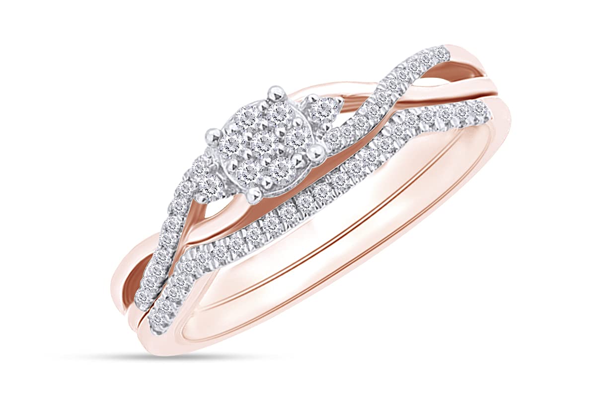 AFFY 1/4 CT. T.W. Round Cut Natural Diamond Twist Bridal Set Wedding Engagement Ring In 14K Rose Gold Over 925 Sterling Silver (I2-I3 Clarity), Ring Size-7