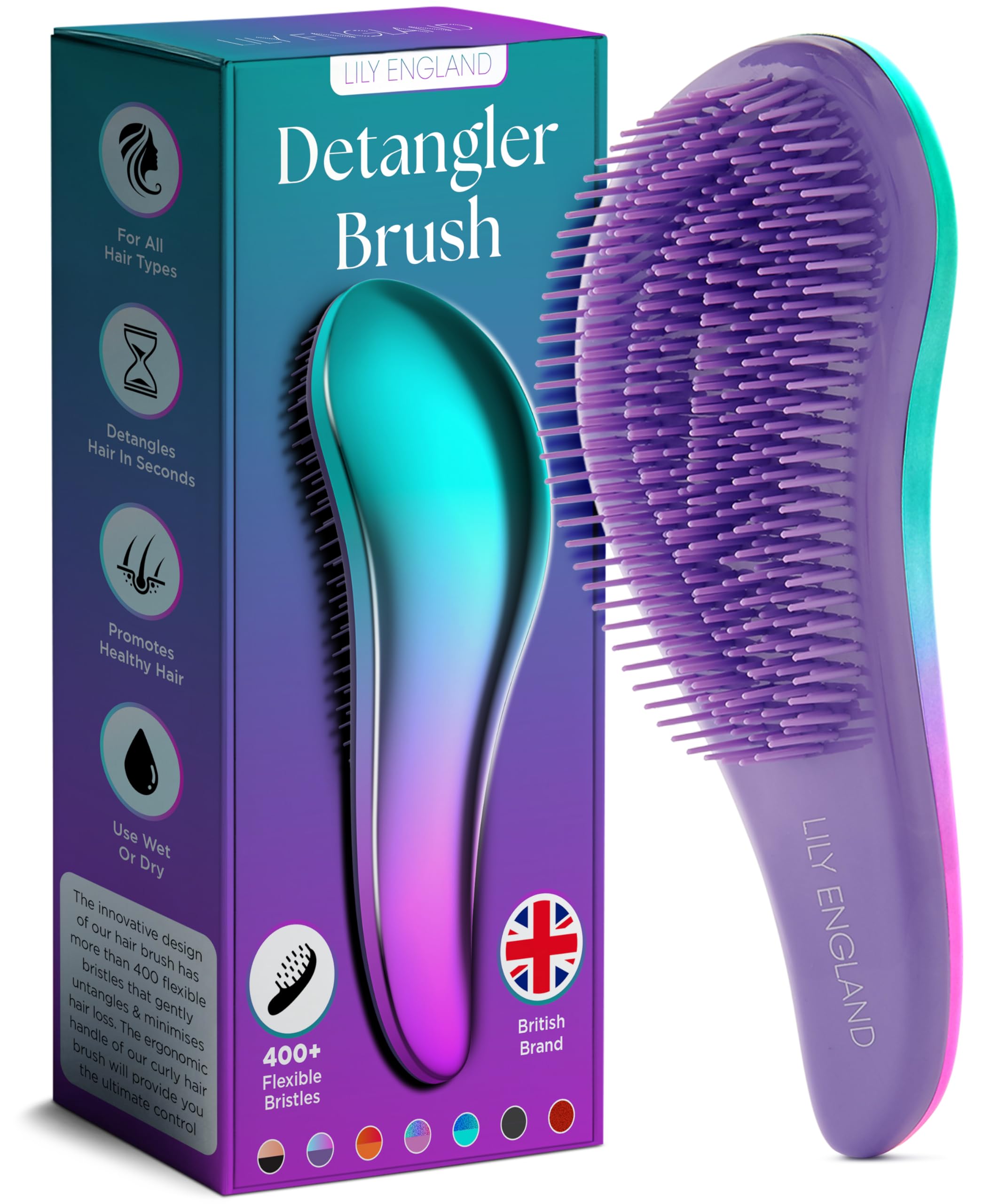 Lily England Detangler Brush for Curly Hair, Thick, Straight & Natural Hair - Gentle Detangling Hair Brush for Women, Kids & Toddlers with Flexible Bristles - Hairbrush for Wet & Dry Hair, Ombre