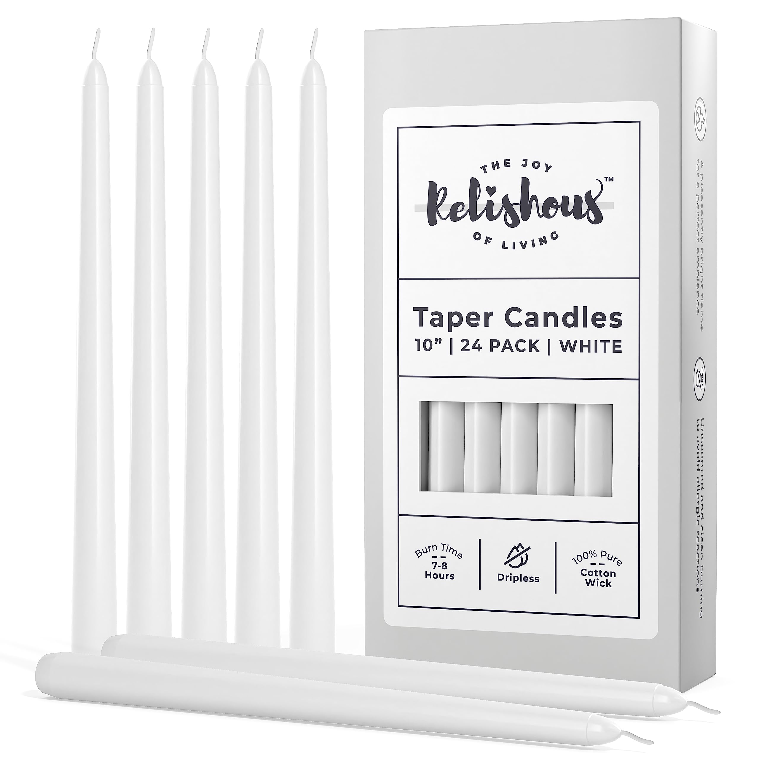 Relishous 24 Pack Tall White Taper Candles, 10 inch (H) Dripless, Unscented Dinner Candle, Smokeless Taper Candles, Paraffin Wax with Cotton Wicks, 8 Hours Burn Time