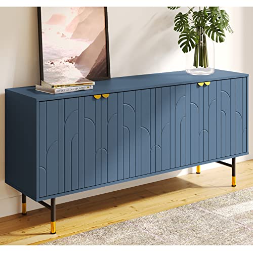 DG Casa Hemsby Mid Century Modern 4 Art Deco Doors Storage Compartment Gold Metal Handle Pull & Feet Buffet Cabinet Table Furniture for Living Room Kitchen Dining Entryway Hallway - Sideboard in Blue
