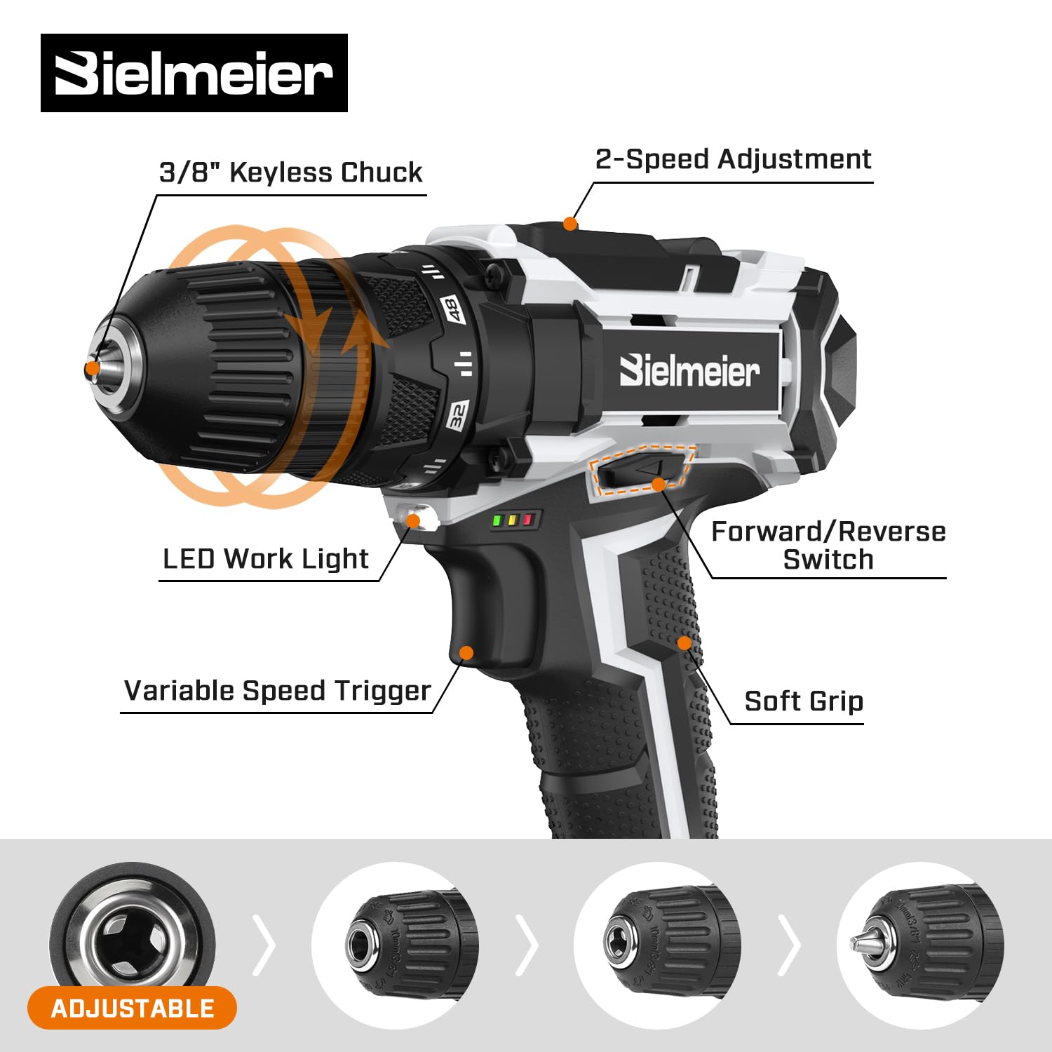 Bielmeier 20V MAX Cordless Drill Set – 285 In-lb Torque,2 Variable Speed,64+1 Position,3/8" Keyless Chuck,Drill Machine Includes 2 Brushes,Flex Shaft,Cloth Bag & 58 Drill Bits(Black)