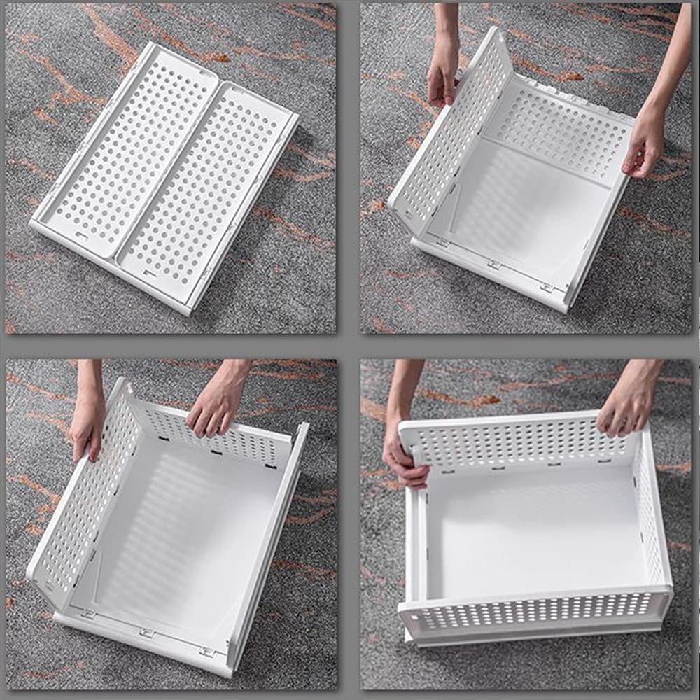 Folding and Stackable Storage Shelf | Foldable Drawer Organizer | Closet Wardrobe Organizer, Set of 4, White