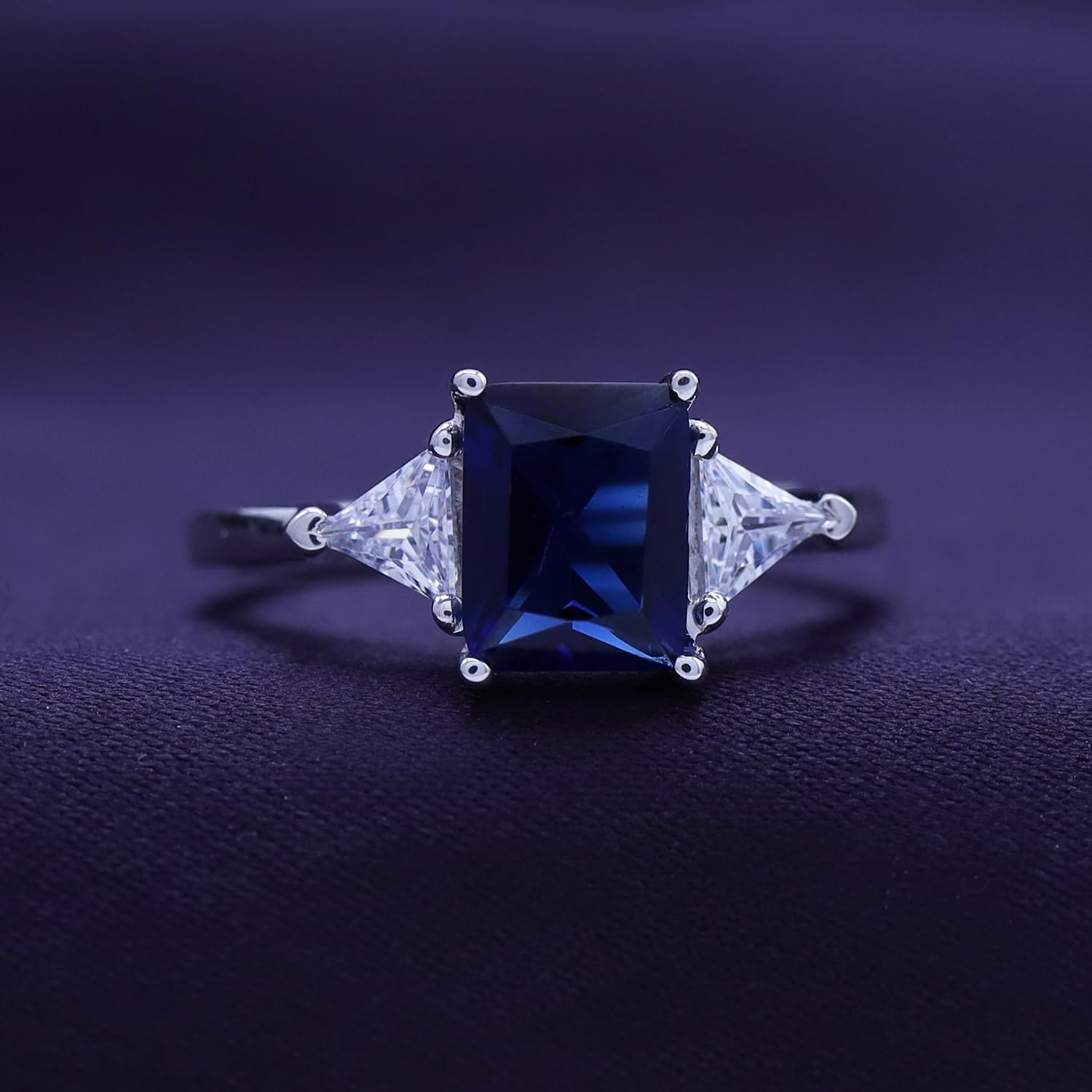 AFFY 14k White Gold Over Sterling Silver Emerald Cut Blue Sapphire With Trillion White Topaz Ring Jewelry For Womens Ring Size-7