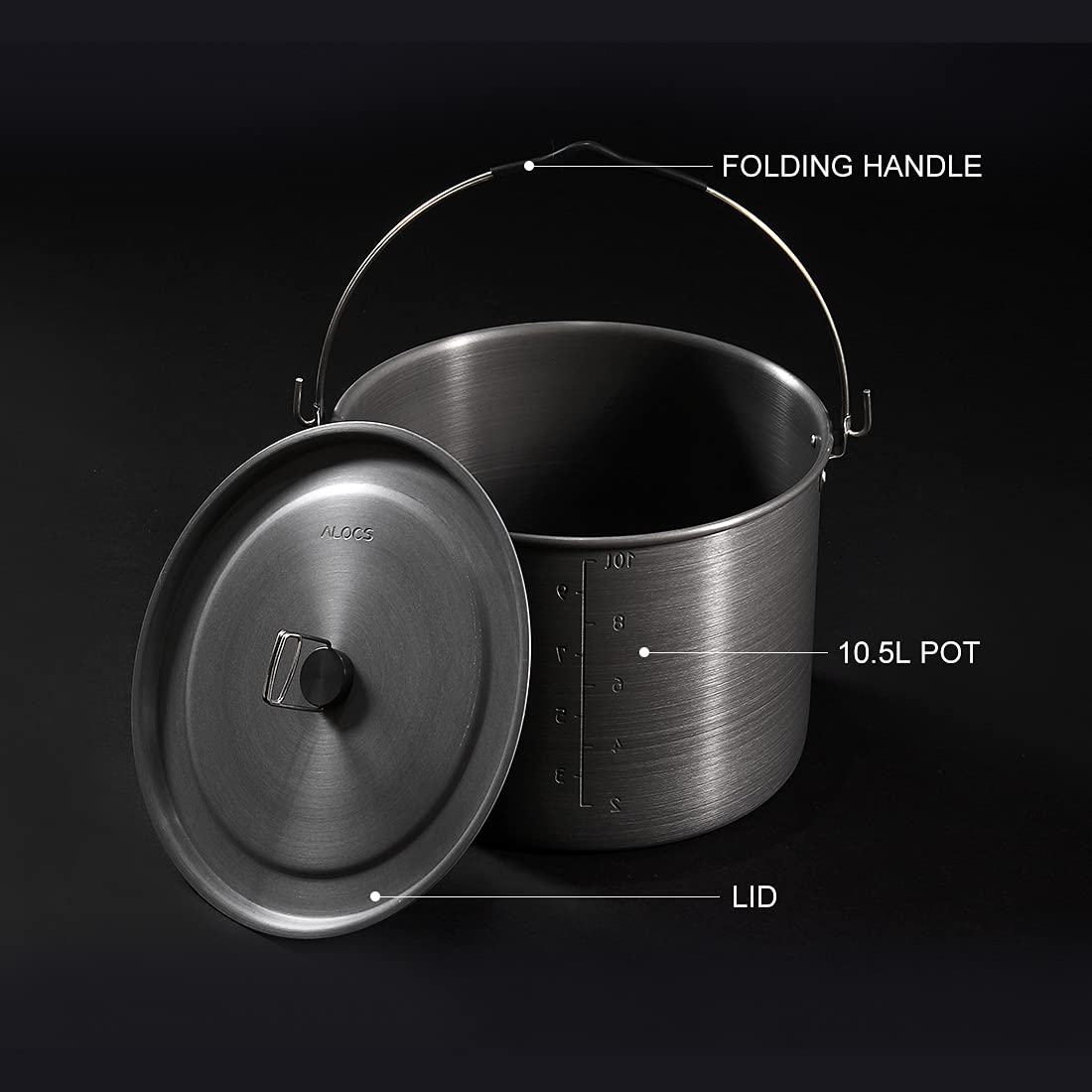 Alocs Camping Pot, Aluminum Camping Cooking Pot with Folding Handle, Portable Backpacking Cookware Camping Hanging Pot for Outdoor Picnic Hiking