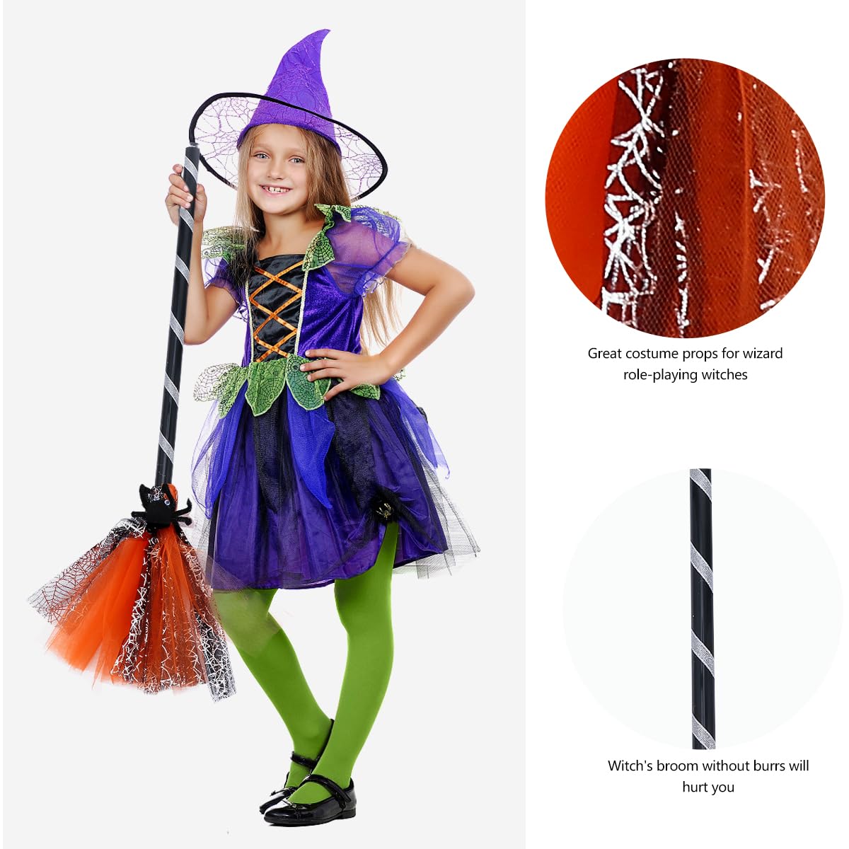 Beavorty Halloween Witch Broom Witch Broomstick Cosplay Broom Props Realistic Wizard Flying Broom Stick Accessory for Costumes Orange