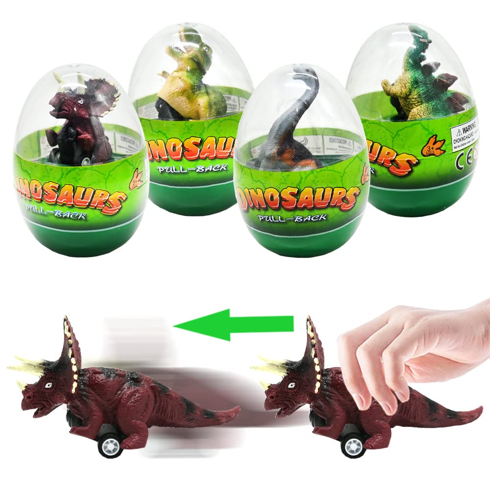 Easter Egg Prefilled with Dinosaur Pull Back Cars Toys, 4 Pcs Jumbo T-Rex Triceratops Dino for Basket Stuffers, Party Favors, Gift Kids Toddlers Boys Girls