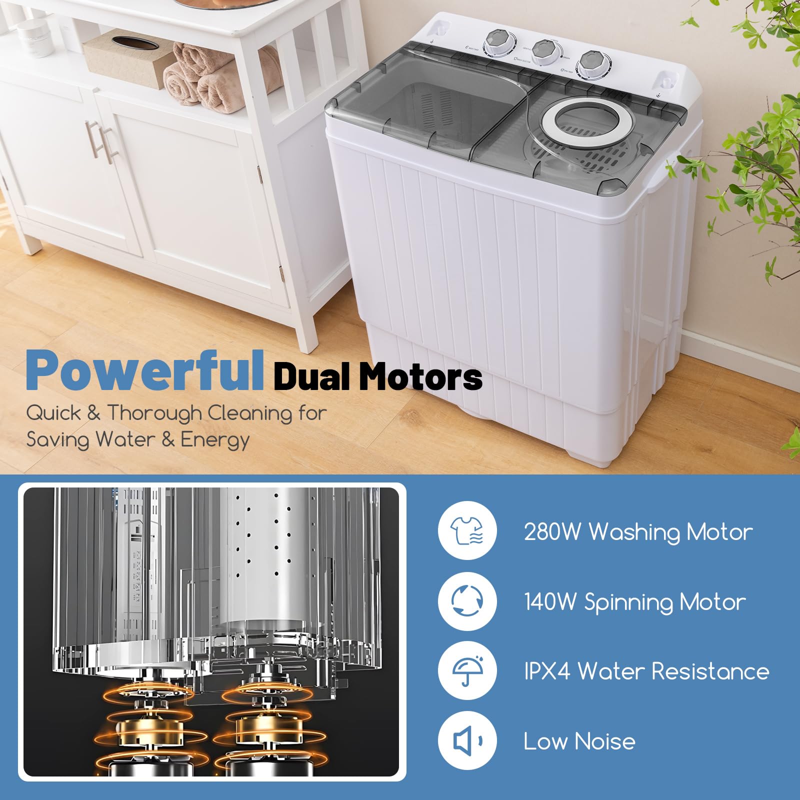ARLIME Portable Washing Machine, 26 lbs Washer and Spinner Combo with Drain Pump,18 lbs Washing 8 lbs Spinning Twin Tub Mini Compact Laundry Washer for Dorms, Apartments, RVs (White+Gray)