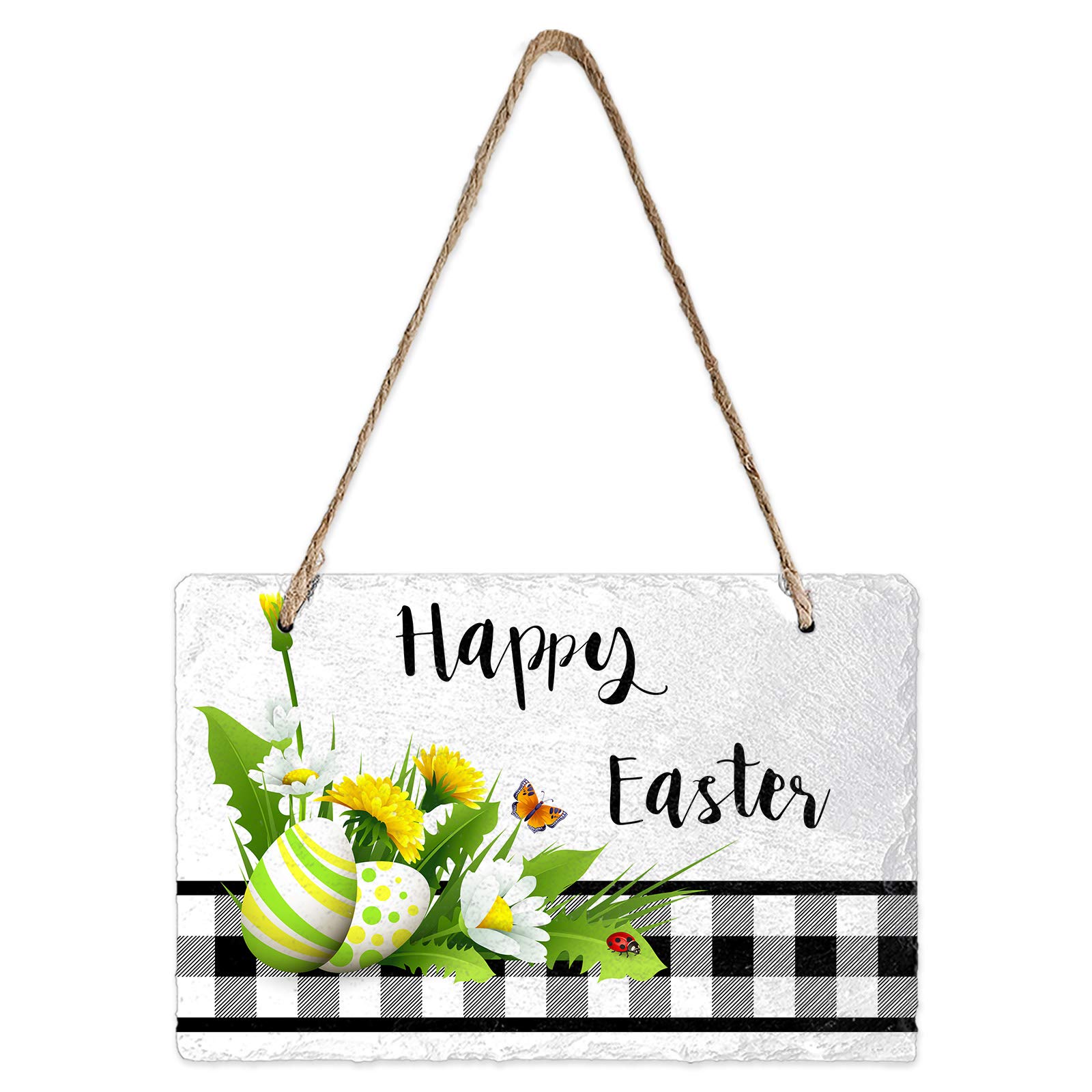 Easter Hanging Wall Sign, Decorative Slate Signs with Rope, Hanging Door Plaque for Porch/Entryway/Outdoor/Garden Home 5x8inch, Easter Eggs Flowers Leaves Butterflies Black and White Plaid