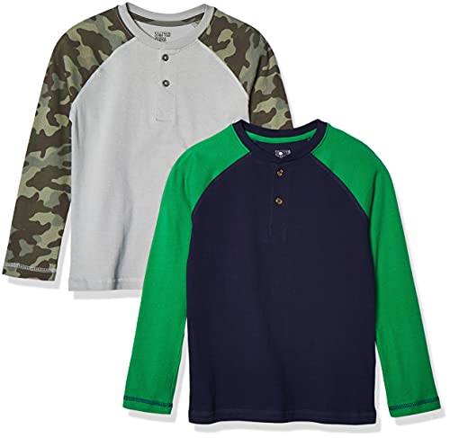 Amazon Essentials Boys' Long-Sleeve Henley T-Shirts (Previously Spotted Zebra), Pack of 2, Grey Camo/Navy, Small