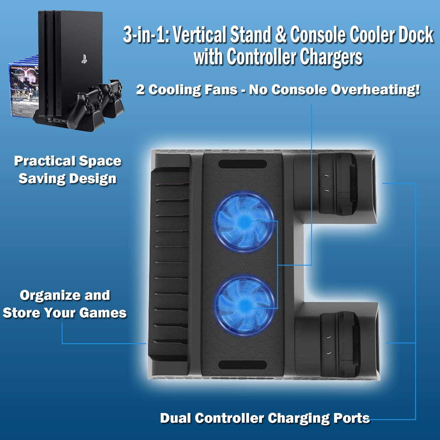 Deco Gear Vertical Dual Controller Charging Dock for PS4/ PS4 Slim/ PS4 Pro with 2 High Speed Cooling Fans and Slot for 12 Games
