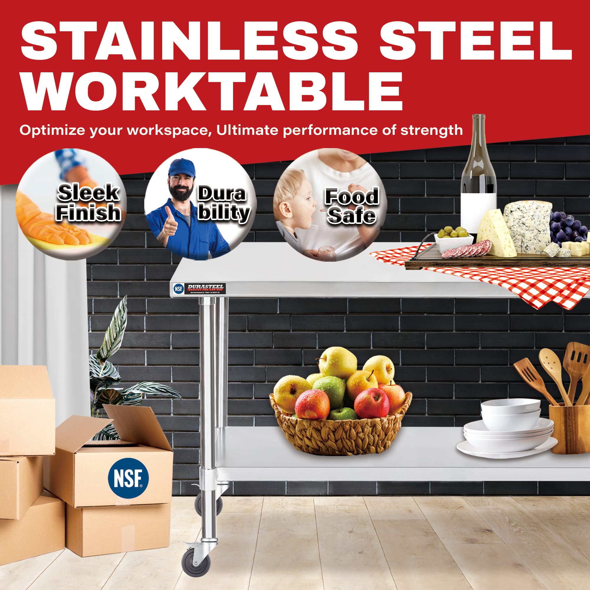 DuraSteel Food Prep Stainless Steel Table - 30 x 72 Inch Metal Table Cart - Commercial Workbench with Caster Wheel - NSF Certified - For Restaurant, Warehouse, Home, Kitchen, Garage,Silver