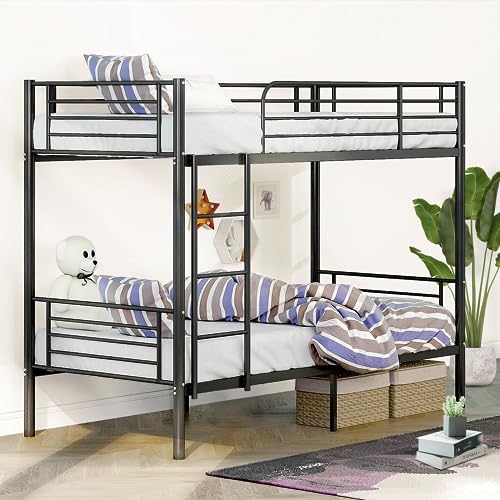 Alohappy Metal Bunk Bed Twin Over Twin, Twin Bunk Beds with Removable Ladder and Safety Guard Rail, 13.8β Under Bed Storage Space, No Box Spring Needed, Easy to Climb, Industrial Style(Black)