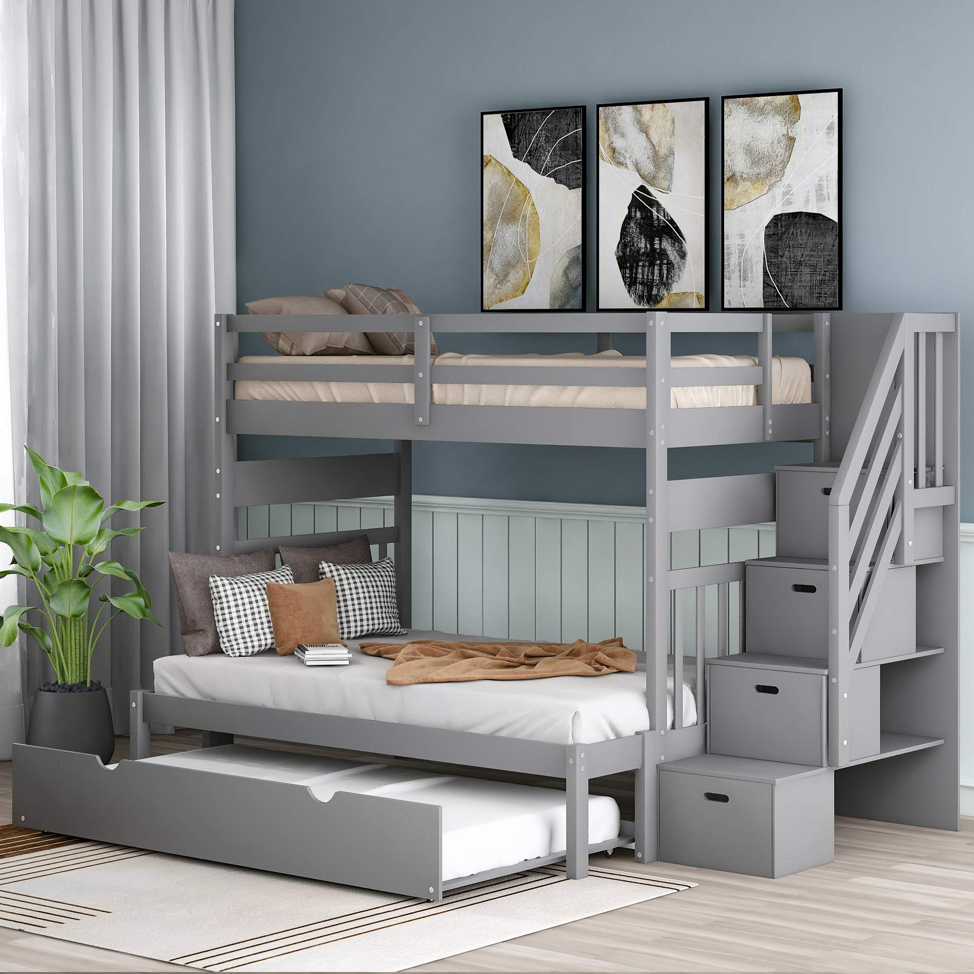 BIADNBZ L-Shaped Triple Bunk Bed for 3 Twin Size with Two Drawers and Built-in Stepladders for Kids/Teens,Gray