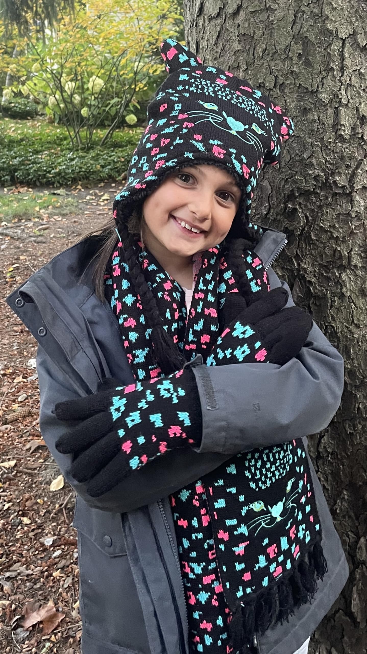 N'Ice Caps Kids Hat Glove Scarf Girls Winter Knit Accessory Set Warm Sherpa Lined 3 Piece (Black Kitten, 4-7 Years)